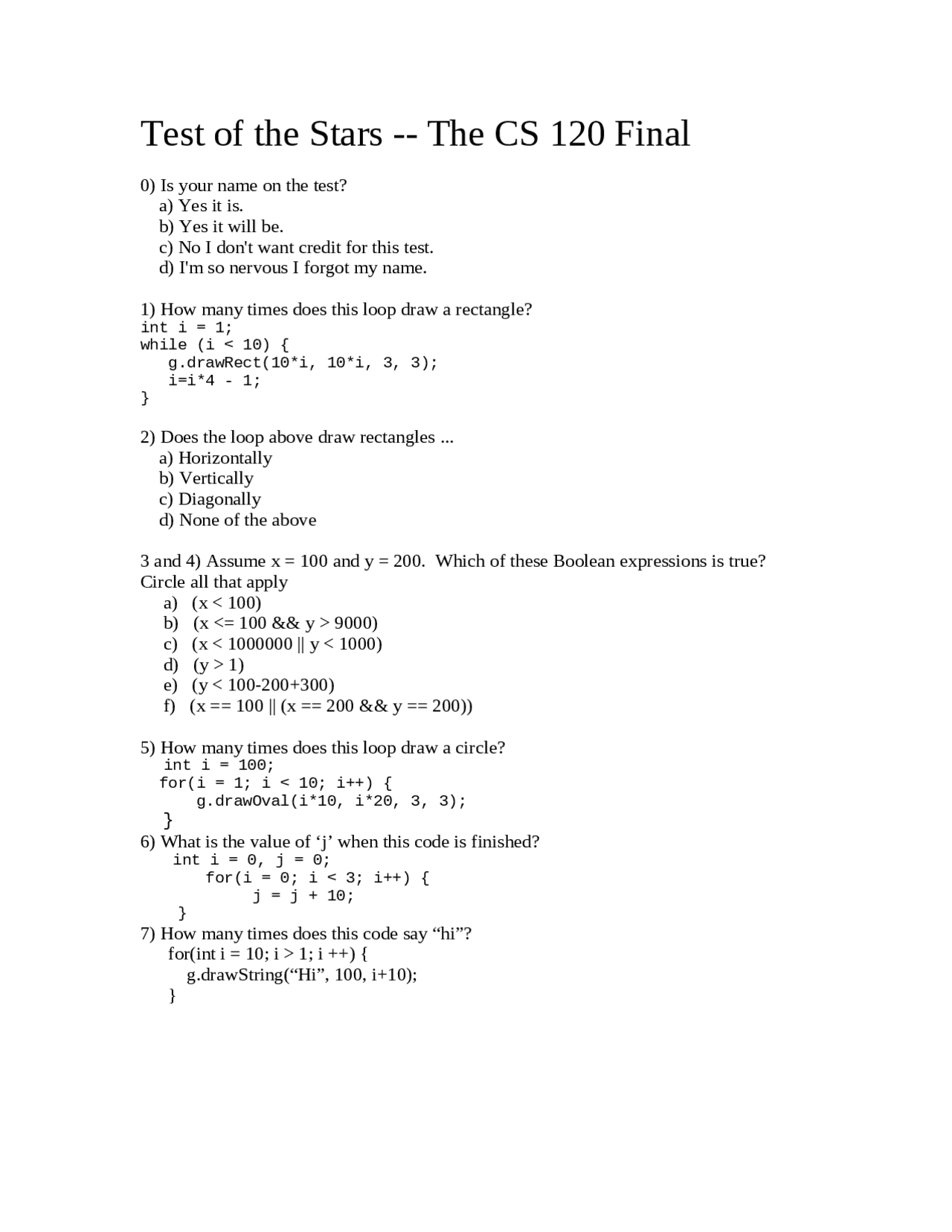 16 Multiple Choice Questions Of Computer Science I Final Exam Cs
