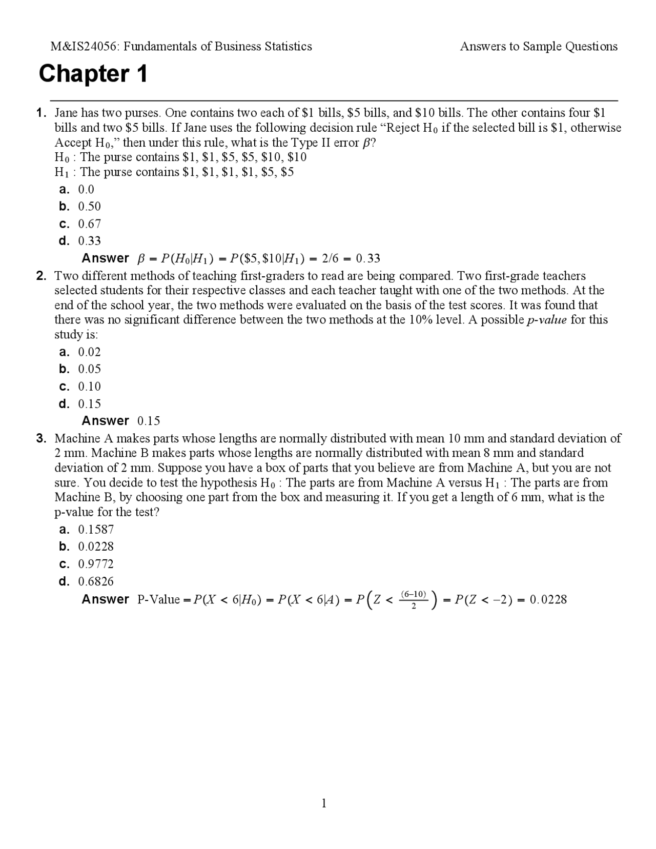 Fundamentals Of Business Statistics Questions With Answers Mis