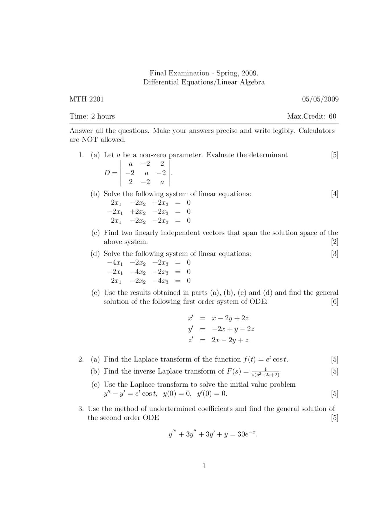 6 Questions on Differential Equations and Linear Algebra | MTH 2201 - Docsity