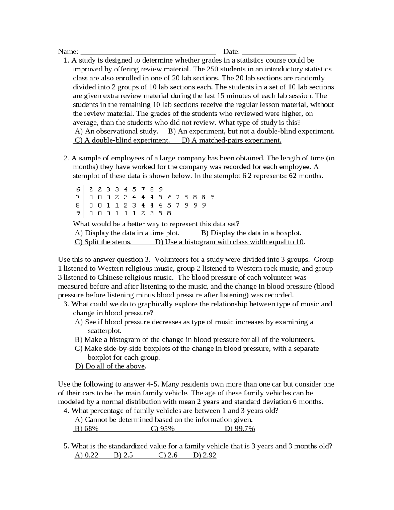 Exam 1 Review Sheet Statistical Methods 1 Stat 511 Docsity