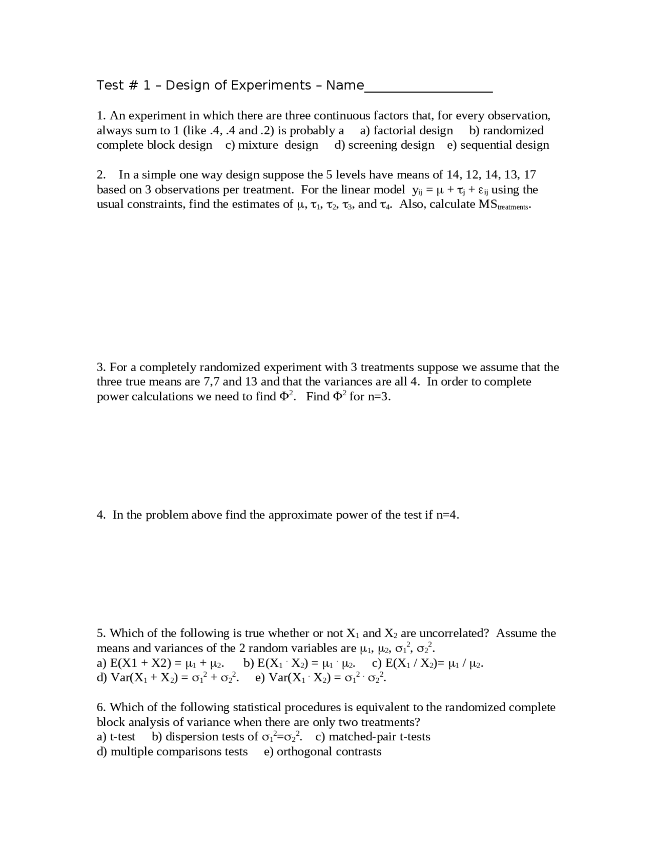 Practice Questions For Exam 1 Introductory Design And Analysis Stat