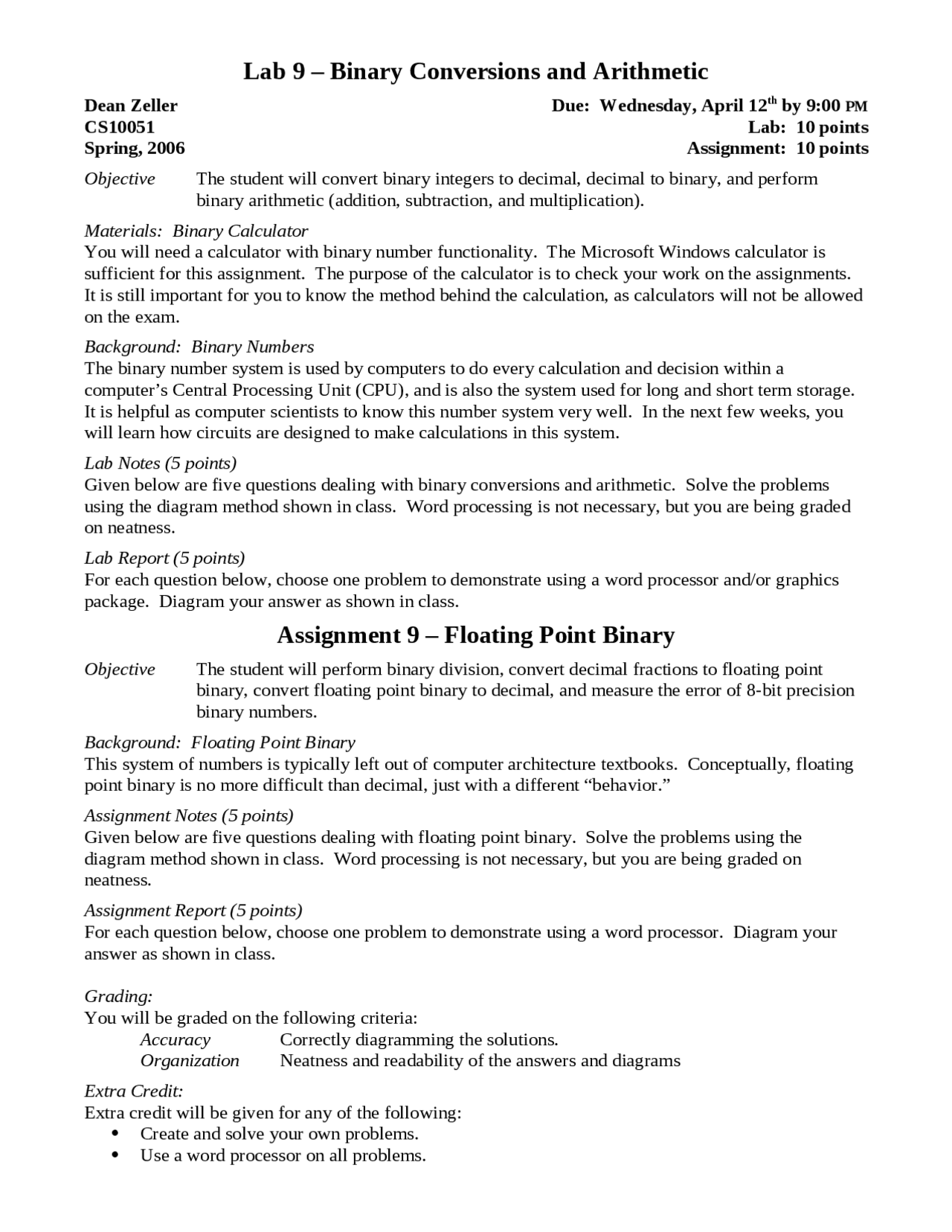 Binary Conversions And Arithmetic Lab 9 Cs 10051 Docsity