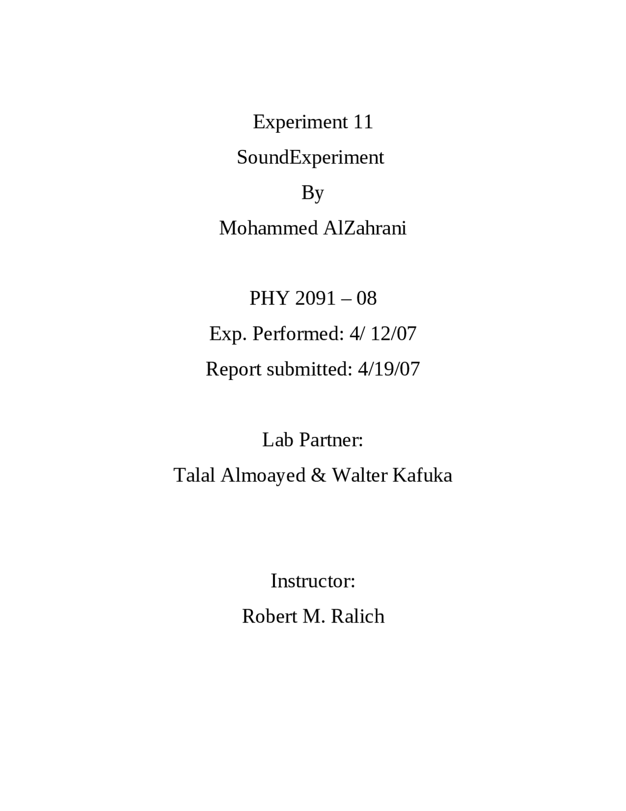 Sound Experiment 11 Physics Laboratory I Phy 2091 Docsity