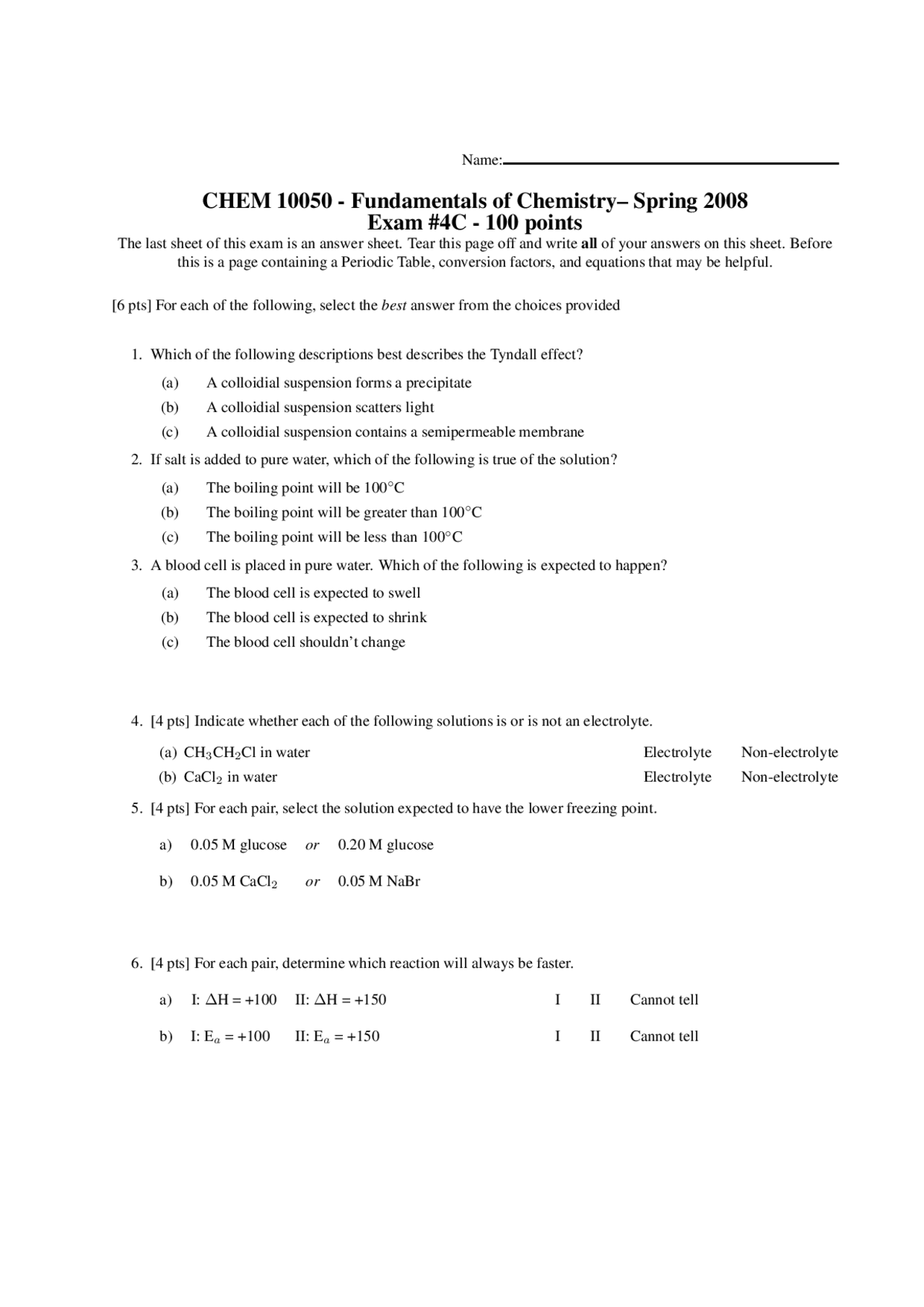 Exam 4 With Solution For Fundamentals Of Chemistry Chem 10050 Docsity