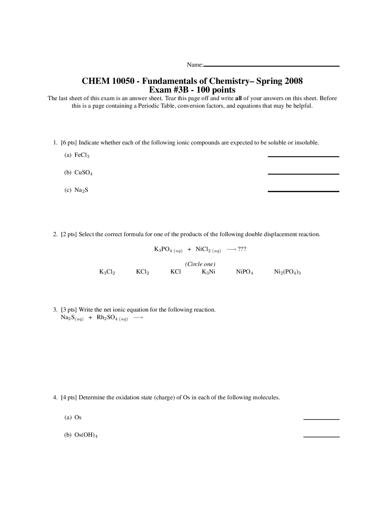 Chem 10050 - Fundamentals of Chemistry Exam 3B - Spring 2008 | Exams ...