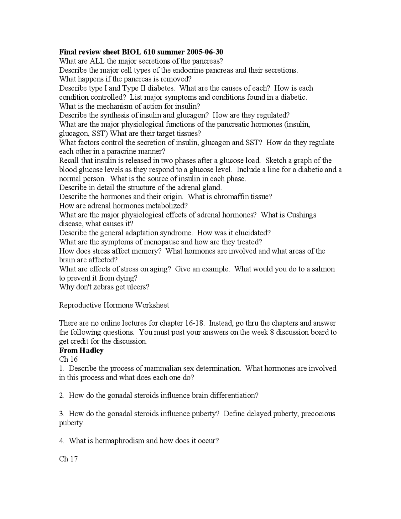 32 Questions On Endocrinology Final Exam Biol 610 Docsity