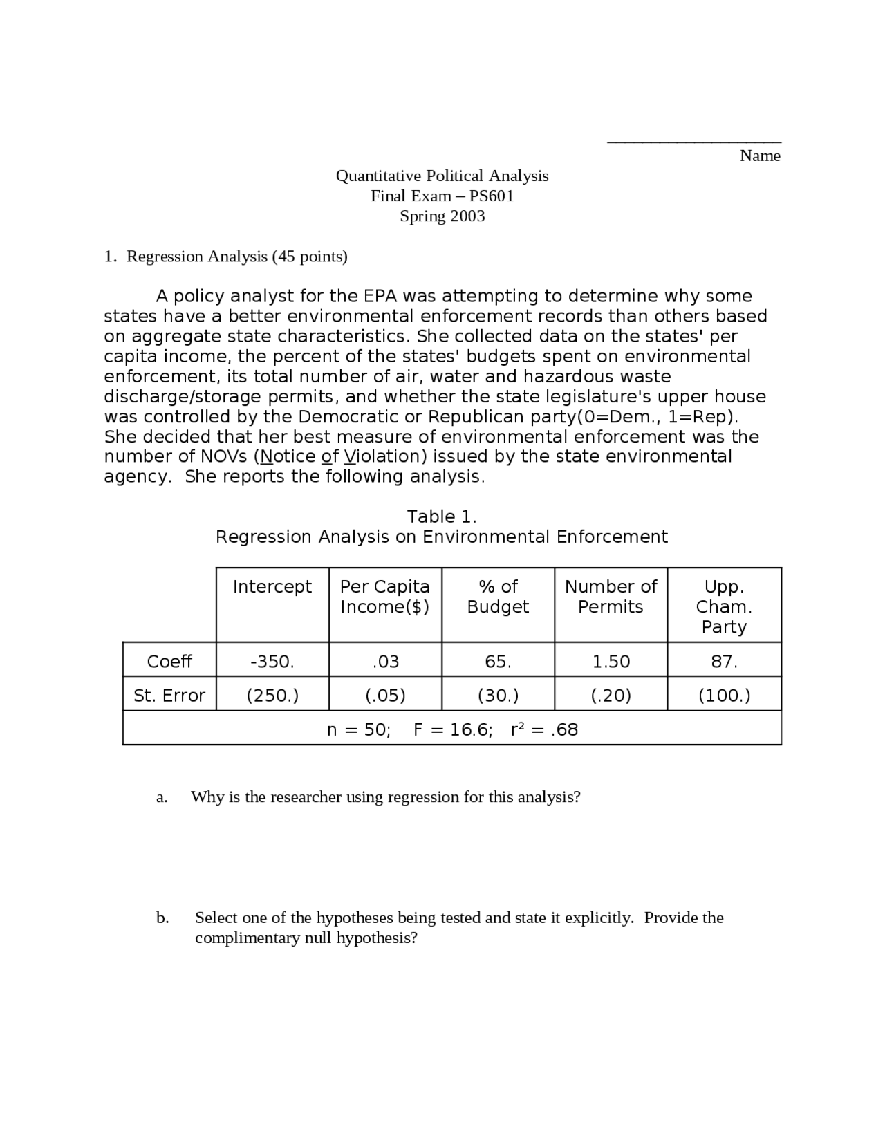 Final Exam Questions Regression Analysis Contingency Table Analysis