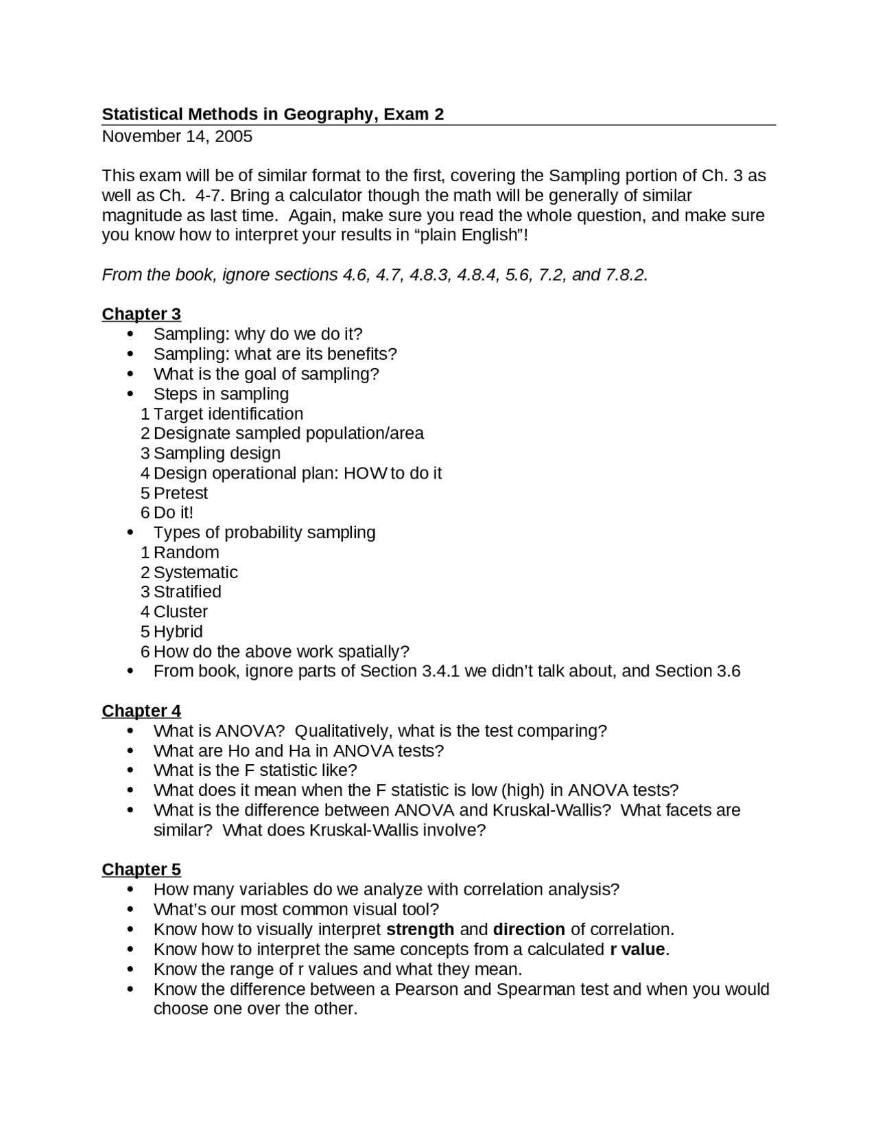 Questions On Statistical Methods In Geography For Exam 2 Geog 39002