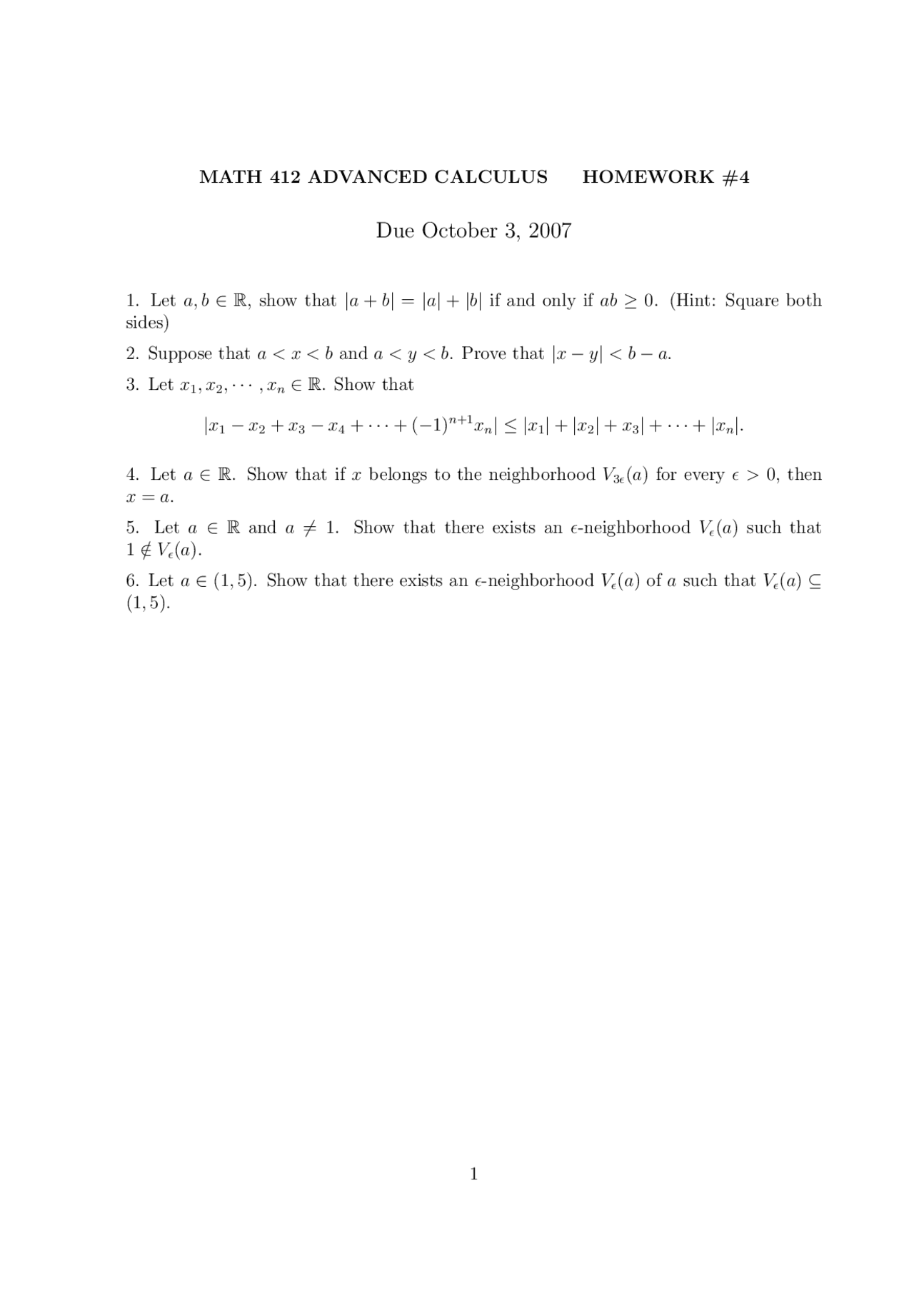 Homework Iv Questions Unsolved Advanced Calculus Math 412 Docsity