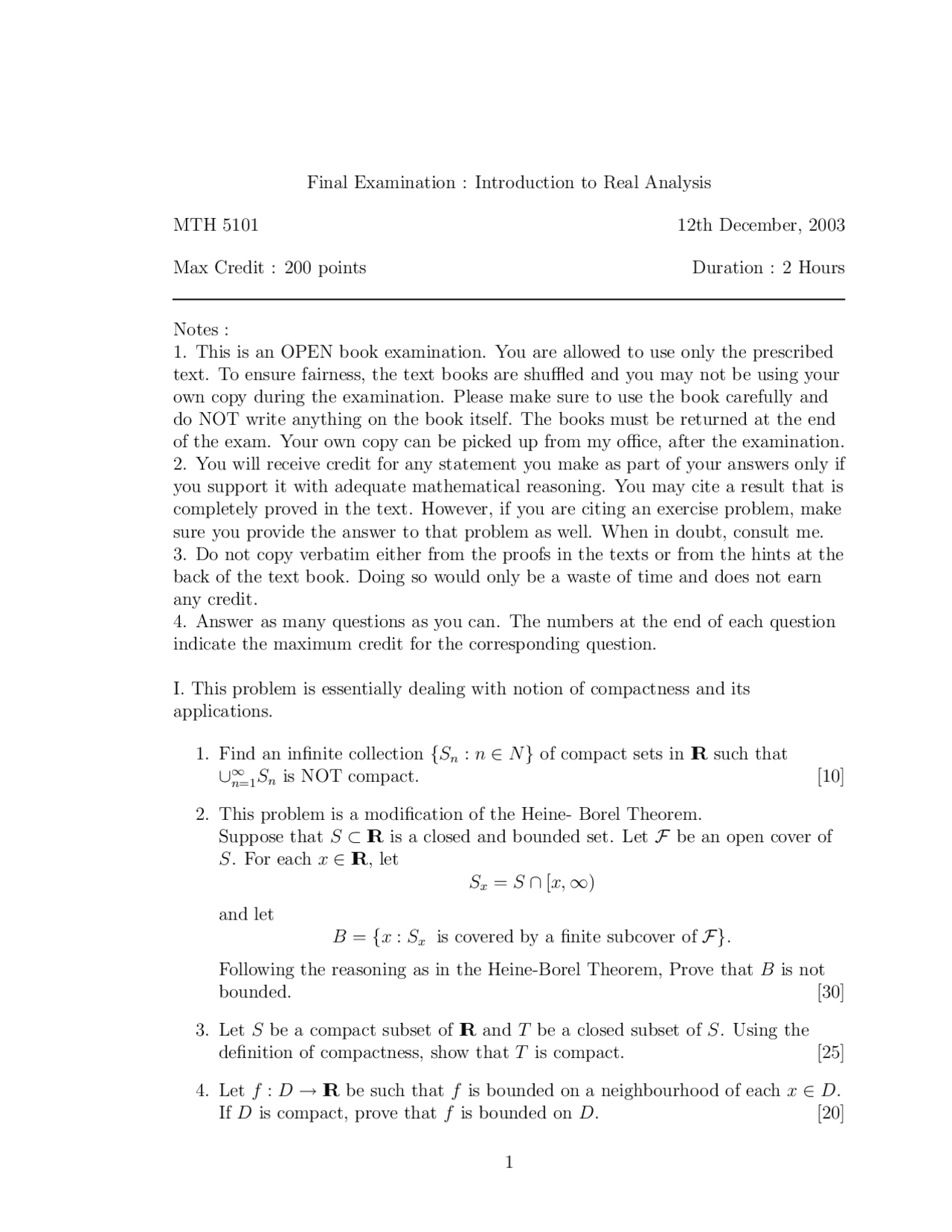 Final Examination - Introductory Analysis | MTH 5101 - Docsity