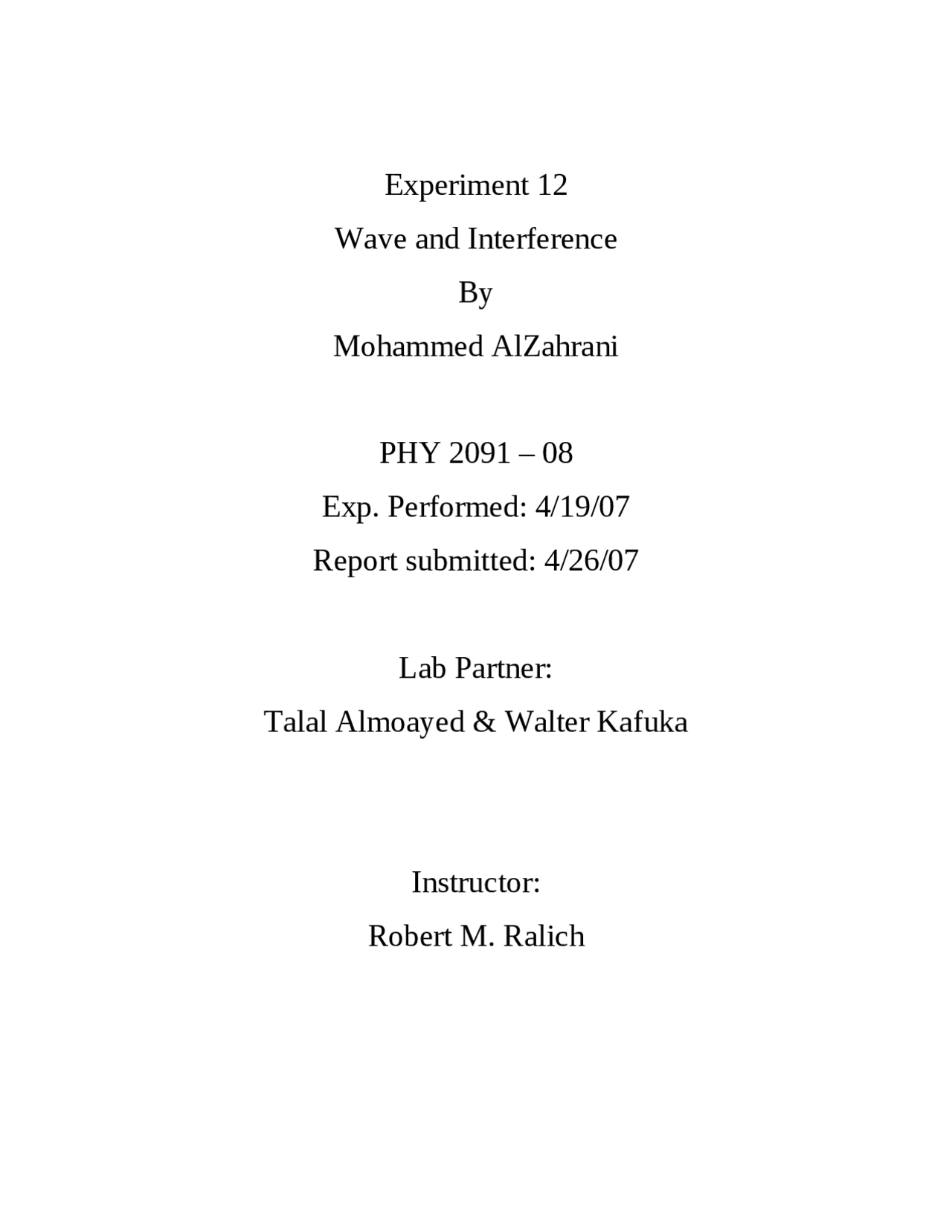 Experiment 12 Wave And Interference Physics Laboratory 1 Phy 2091