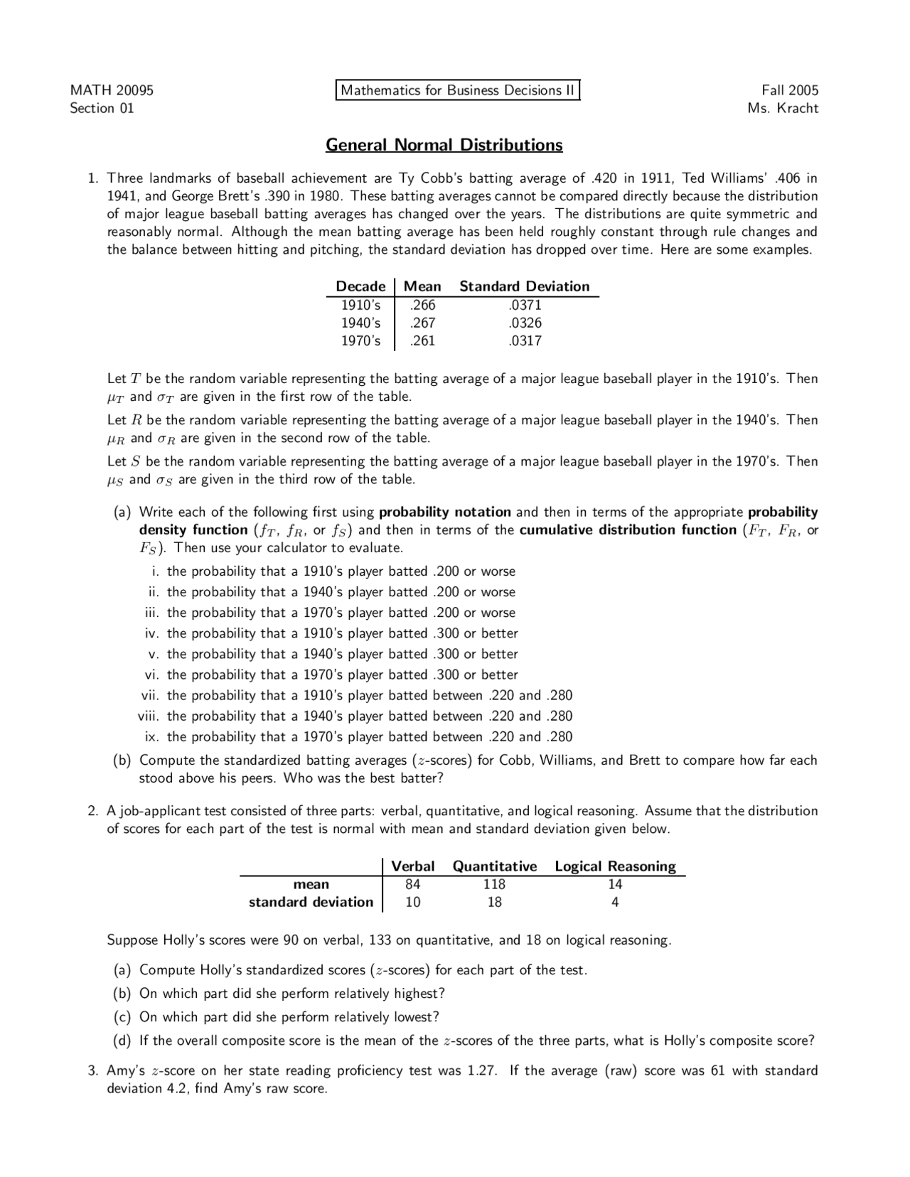 General Normal Distributions Lecture Notes Math 20095 Docsity