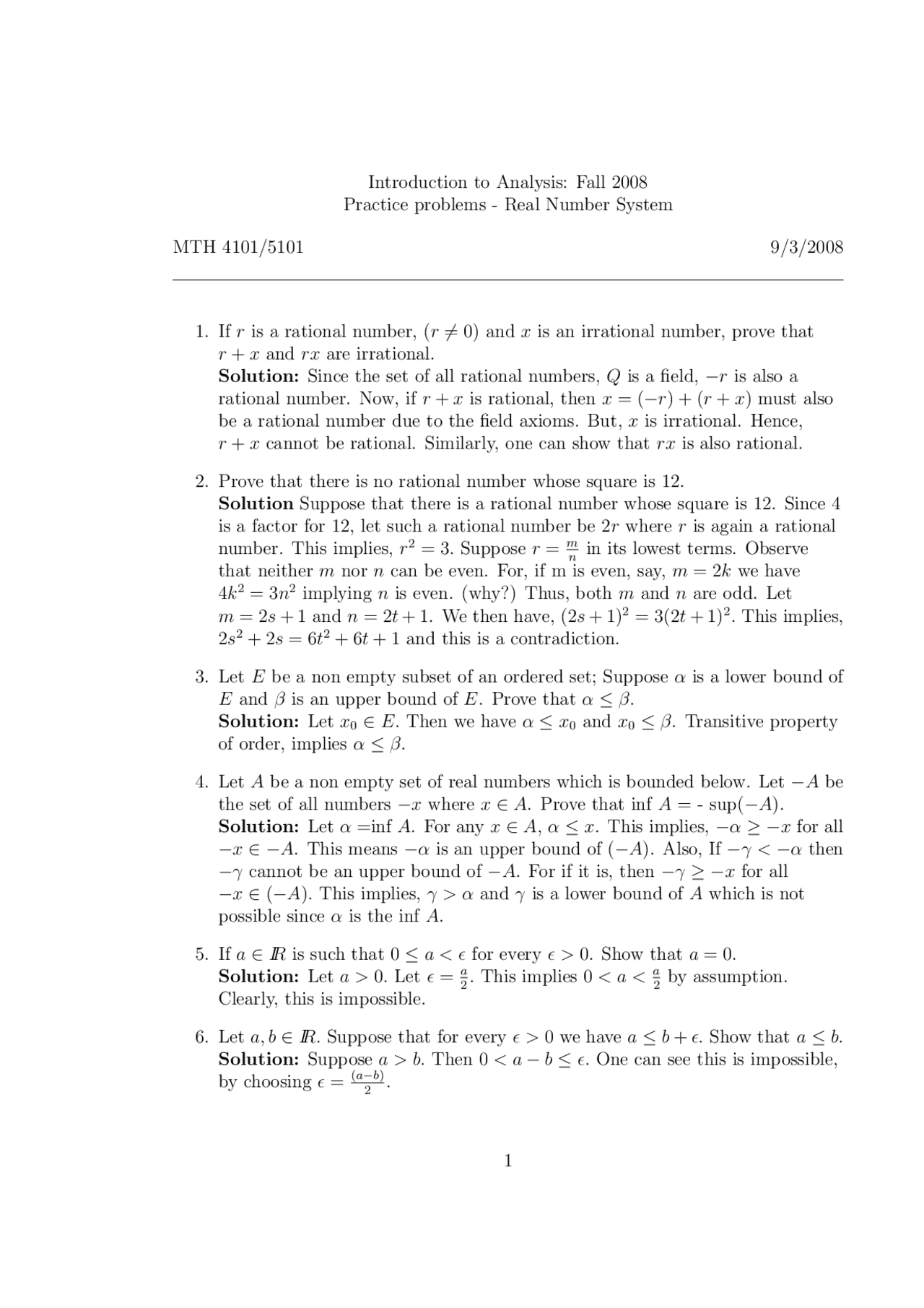 10 Solved Problems On Real Number System In Analysis Assignment Mth