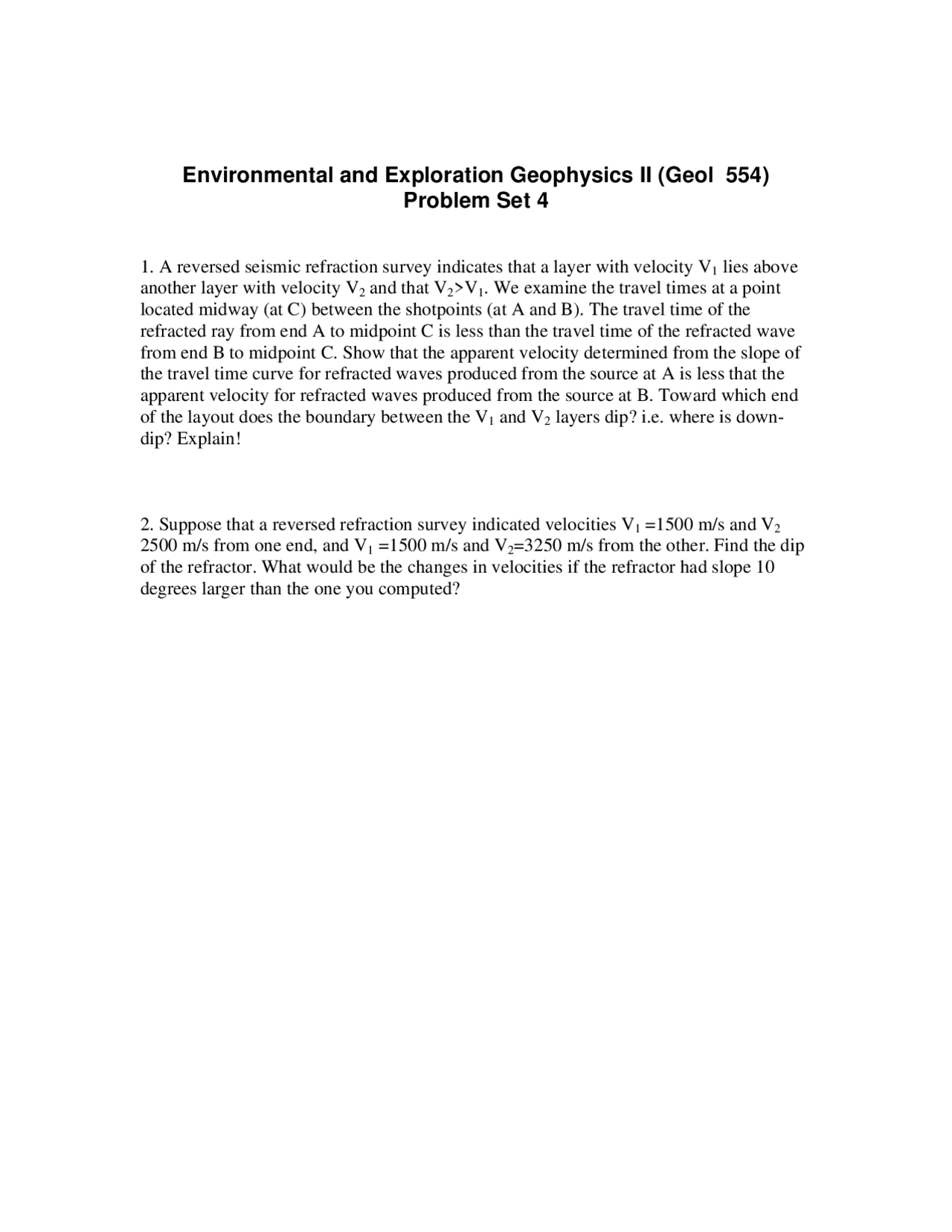 Environmental And Exploration Geophysics Ii Problem Set 4 Geol 554