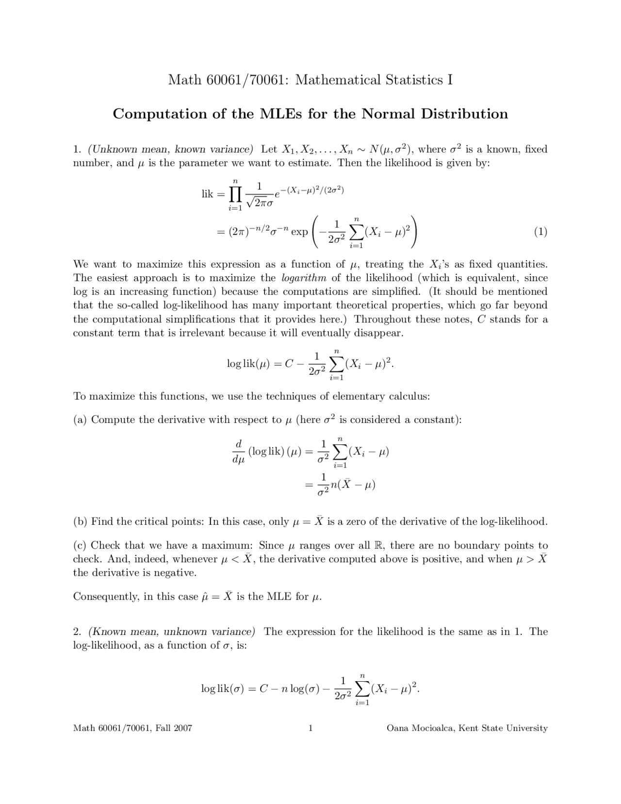 Notes on Computing of The MLEs for The Normal Distribution | MATH 60061 ...