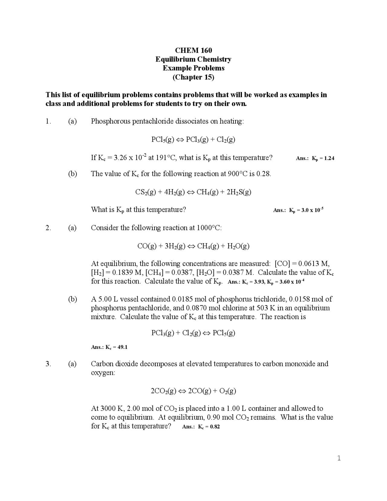 Example Problems With Answer Key Equilibrium Chemistry Chem 160