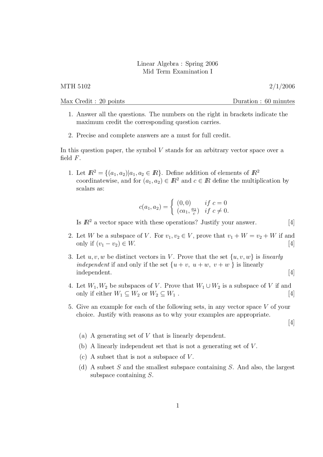 Midterm Exam 1 Unsolved Questions Linear Algebra Mth 5102 Docsity