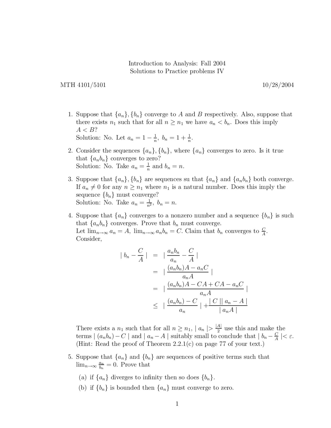 Solutions To Practice Problems Iv Introductory Analysis Fall 2004
