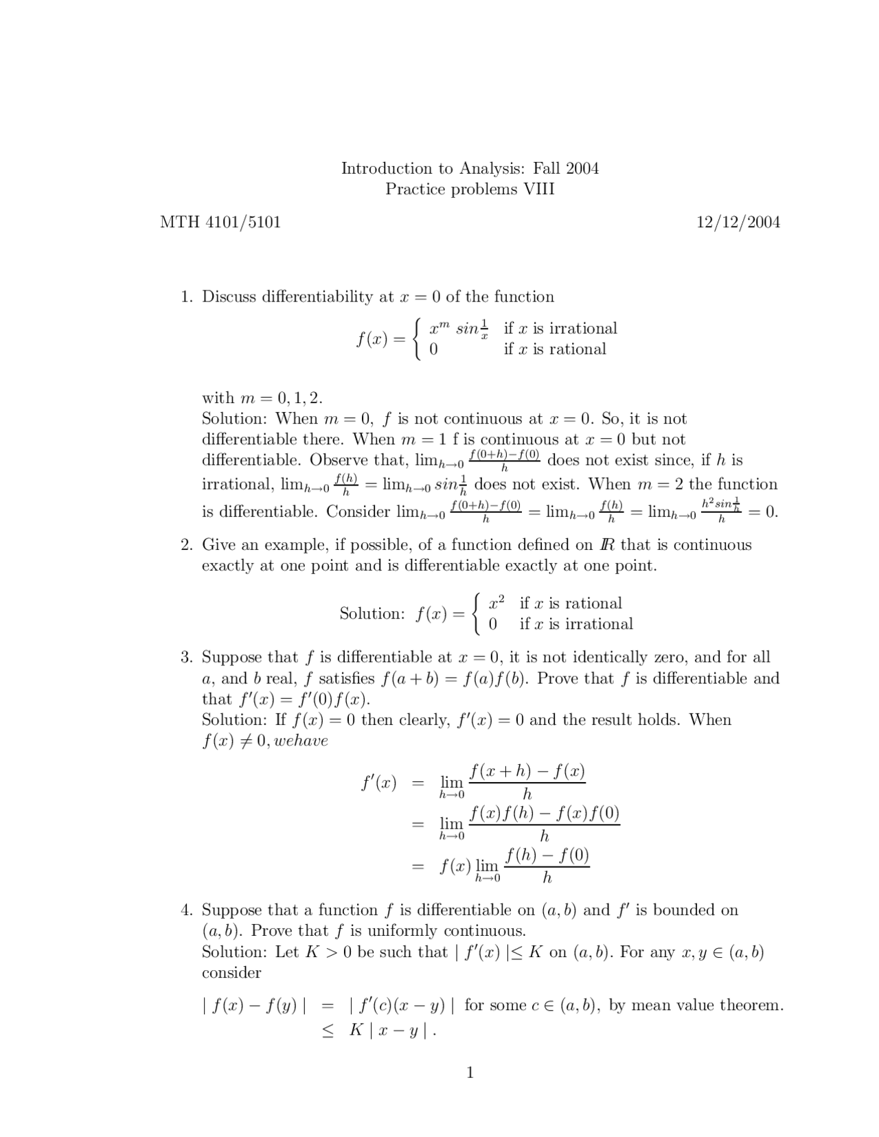 7 Solved Problems On Introductory Analysis Assignment 8 Mth 4101