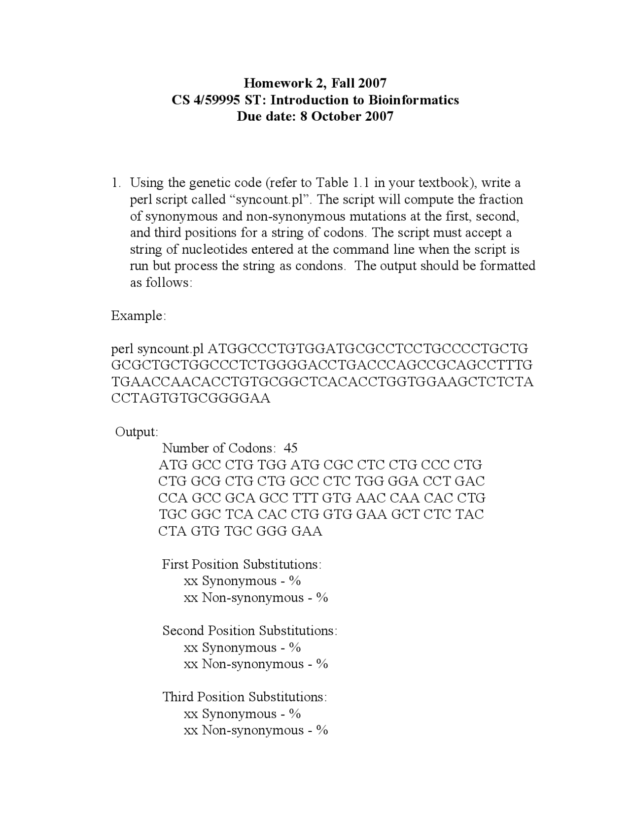 Homework 2 Questions For Introduction To Bioinformatics Cs 49995 Docsity