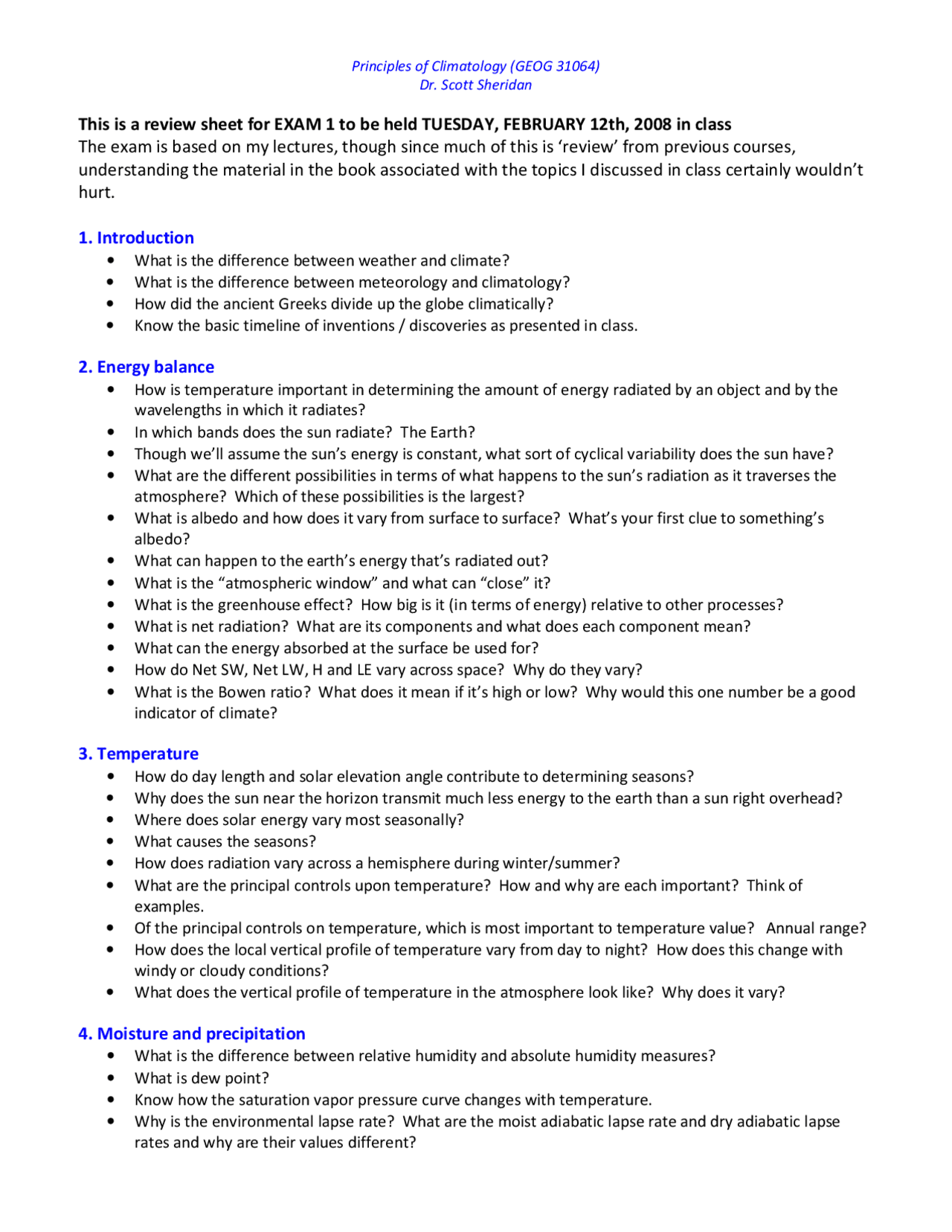 Principles of Climatology - Review Sheet Exam 1 | GEOG 31064 - Docsity
