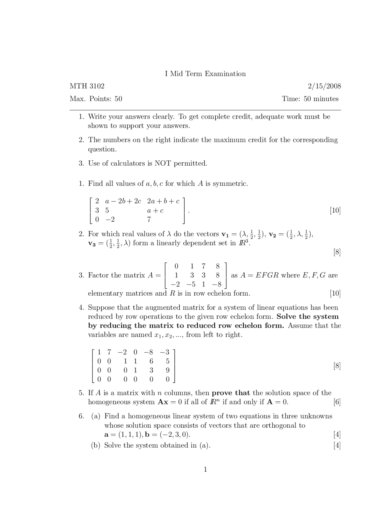 Midterm Examination Introduction To Linear Algebra Mth 3102 Docsity