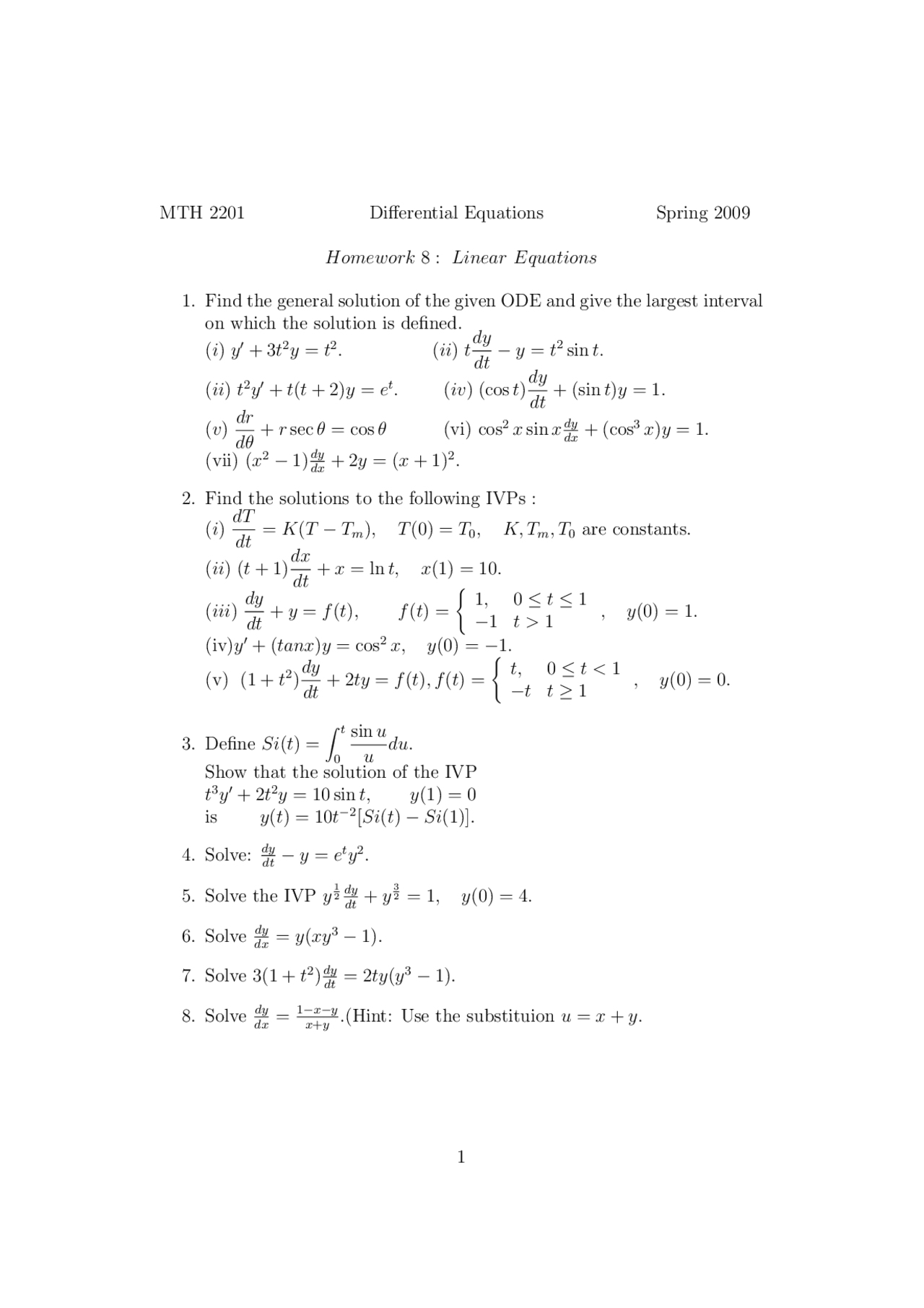 Homework 8 Questions Unsolved Linear Equations Mth 2201 Docsity