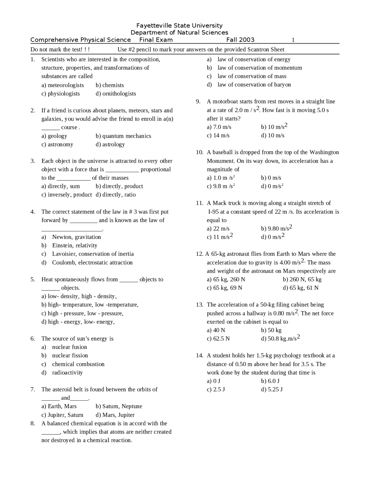 Practice Final Exam - Comprehensive Physical Science | NSCI 110 - Docsity