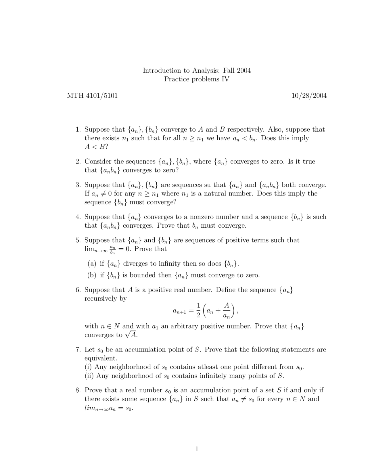 10 Practice Problems In Assignment 4 Introductory Analysis Mth 4101