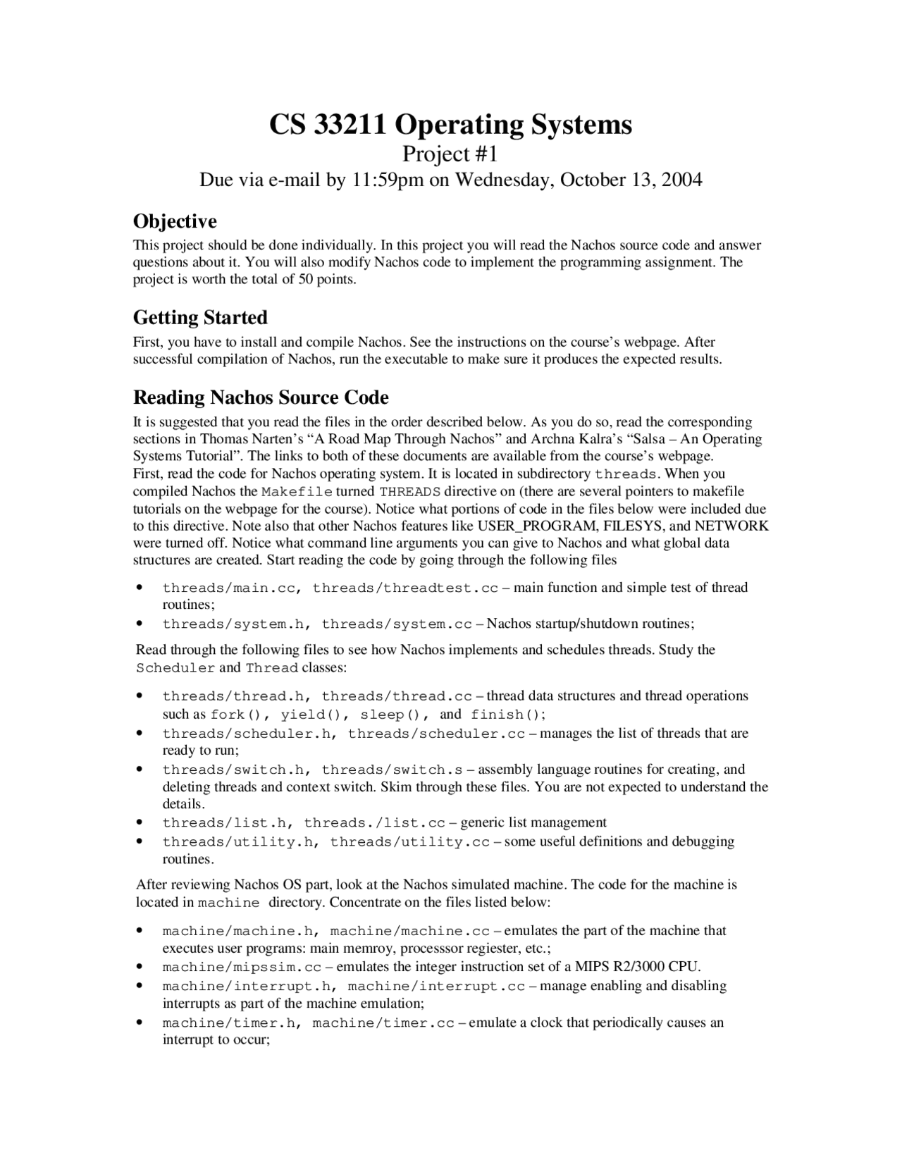 Project One Operating Systems Fall 2004 Cs 33211 Docsity