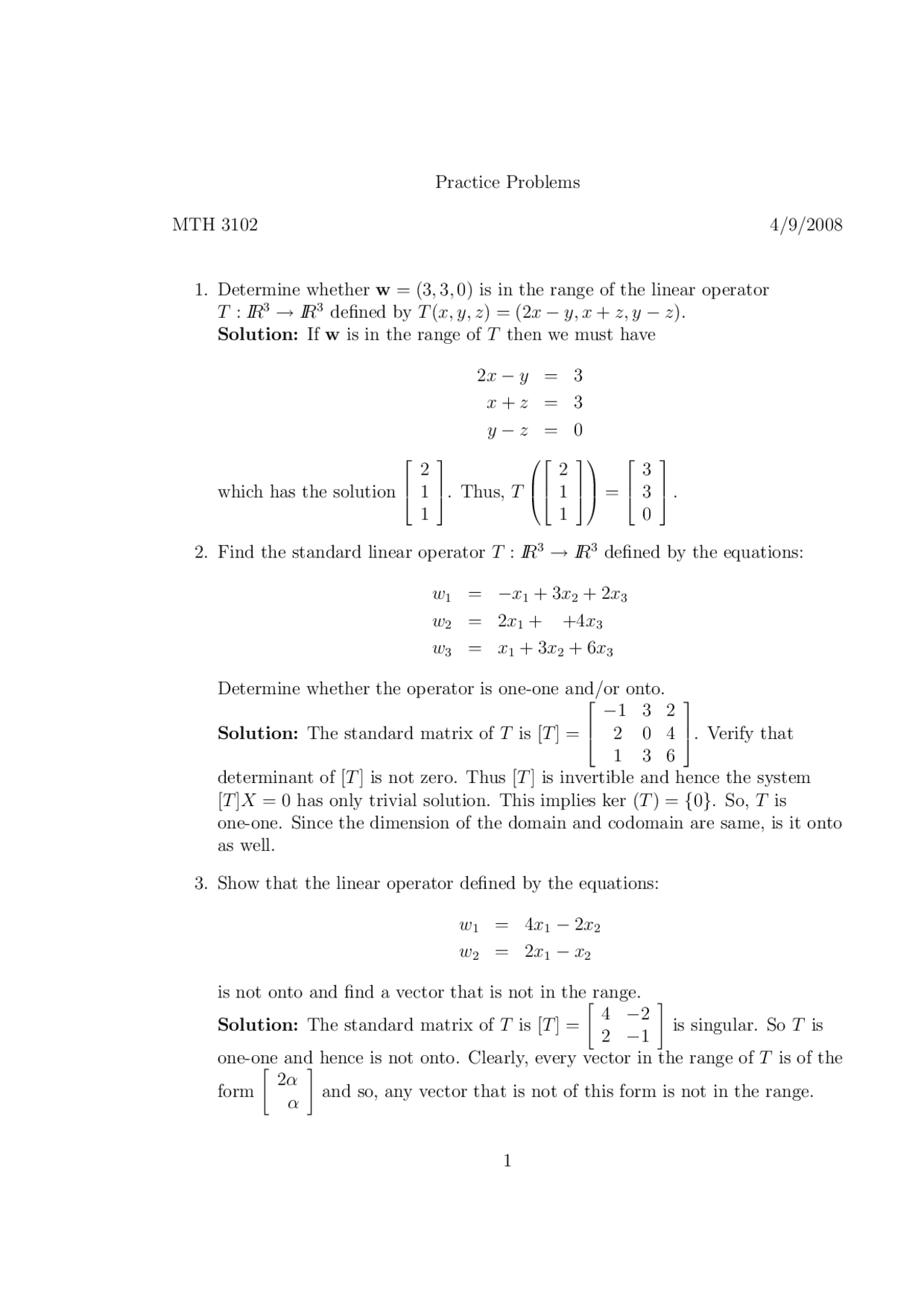 Practice Problems Solved - Introduction to Linear Algebra | MTH 3102 - Docsity