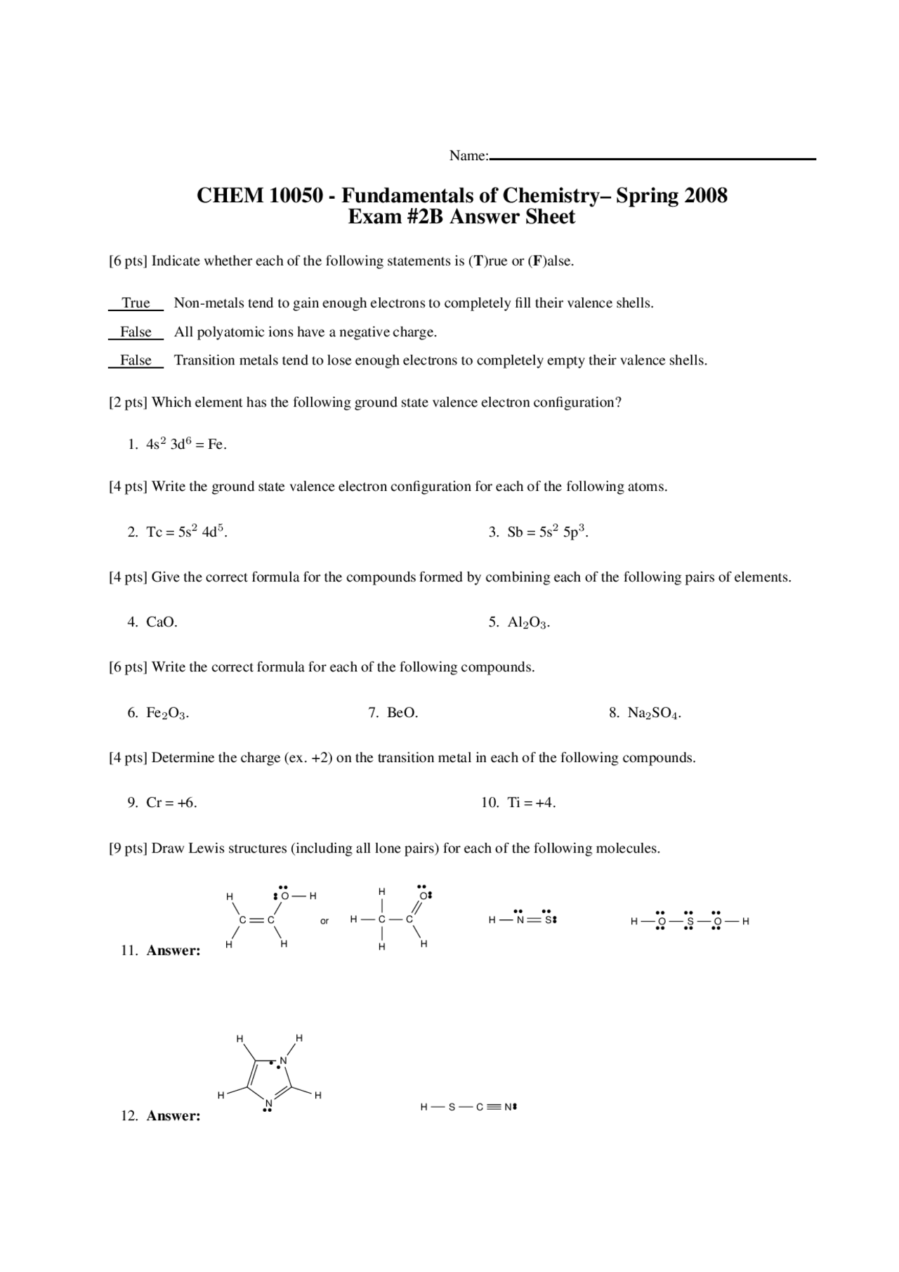 Exam 2B Answer Sheet for Fundamentals of Chemistry | CHEM 10050 - Docsity
