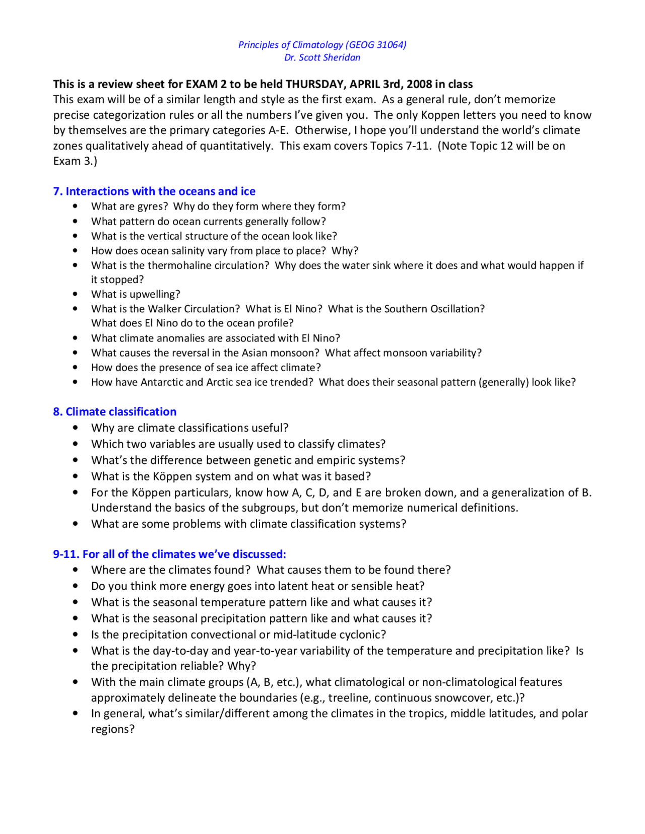 Review Sheet For Exam 2 On Principles Of Climatology Geog 31064 Docsity