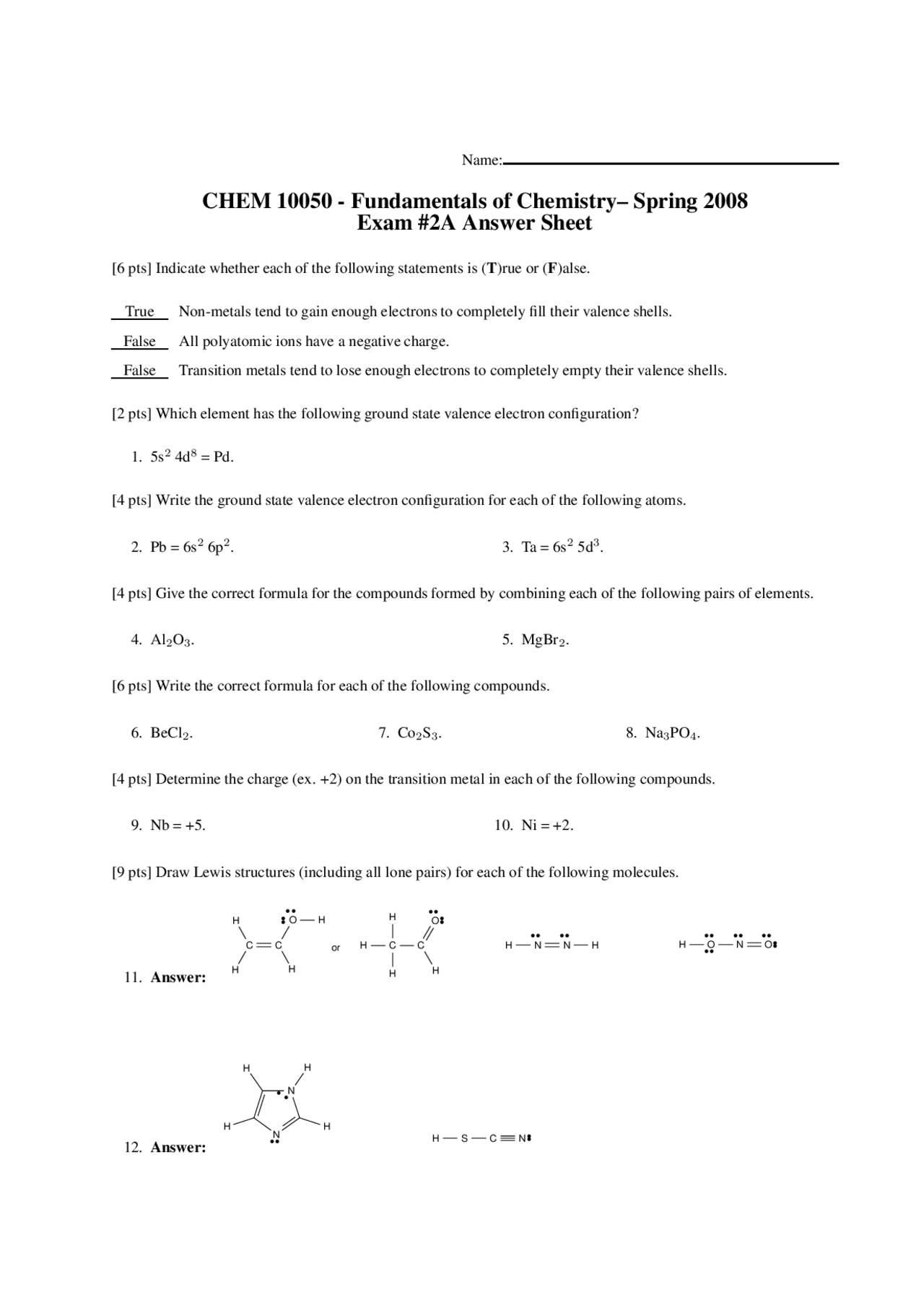 Exam 2 Answer Sheet Fundamentals Of Chemistry Chem 10050 Docsity