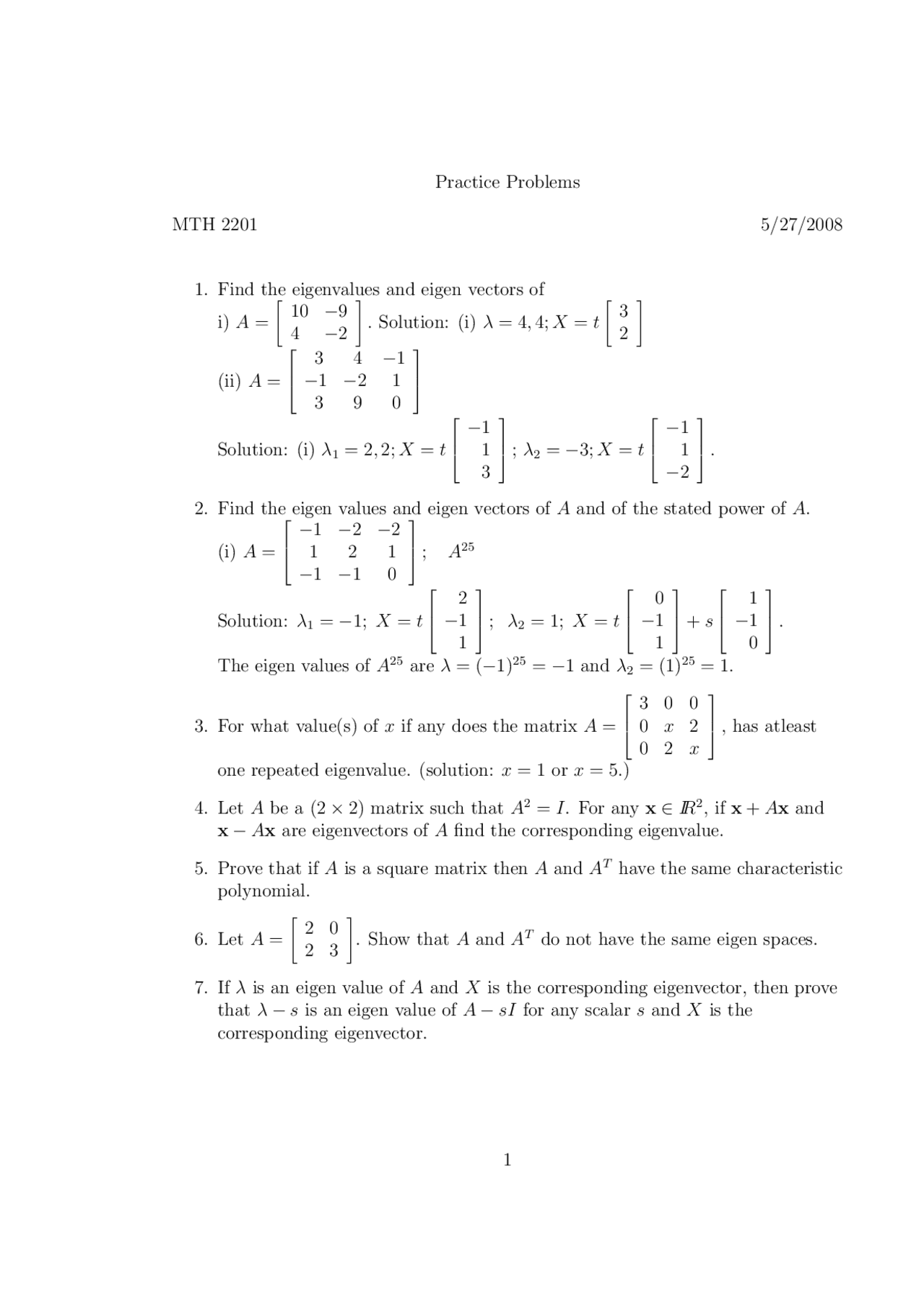 Differential Equation Linear Algebra Practice Problems Mth 2201