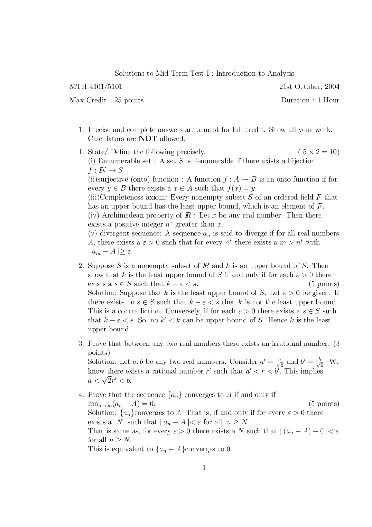 5 Problems With Solutions Introduction To Analysis Midterm Exam