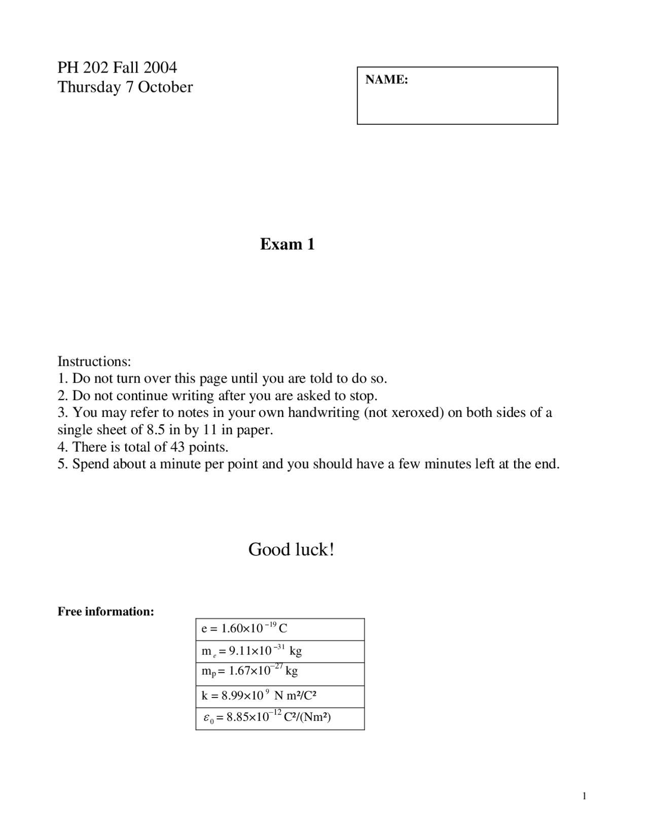 Unsolved Final Exam - College Physics II | PH 202 - Docsity