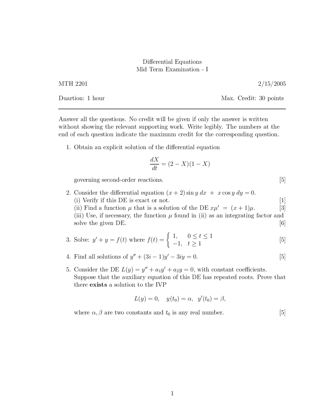 Midterm Examination 1 on Differential Equation | MTH 2201 - Docsity