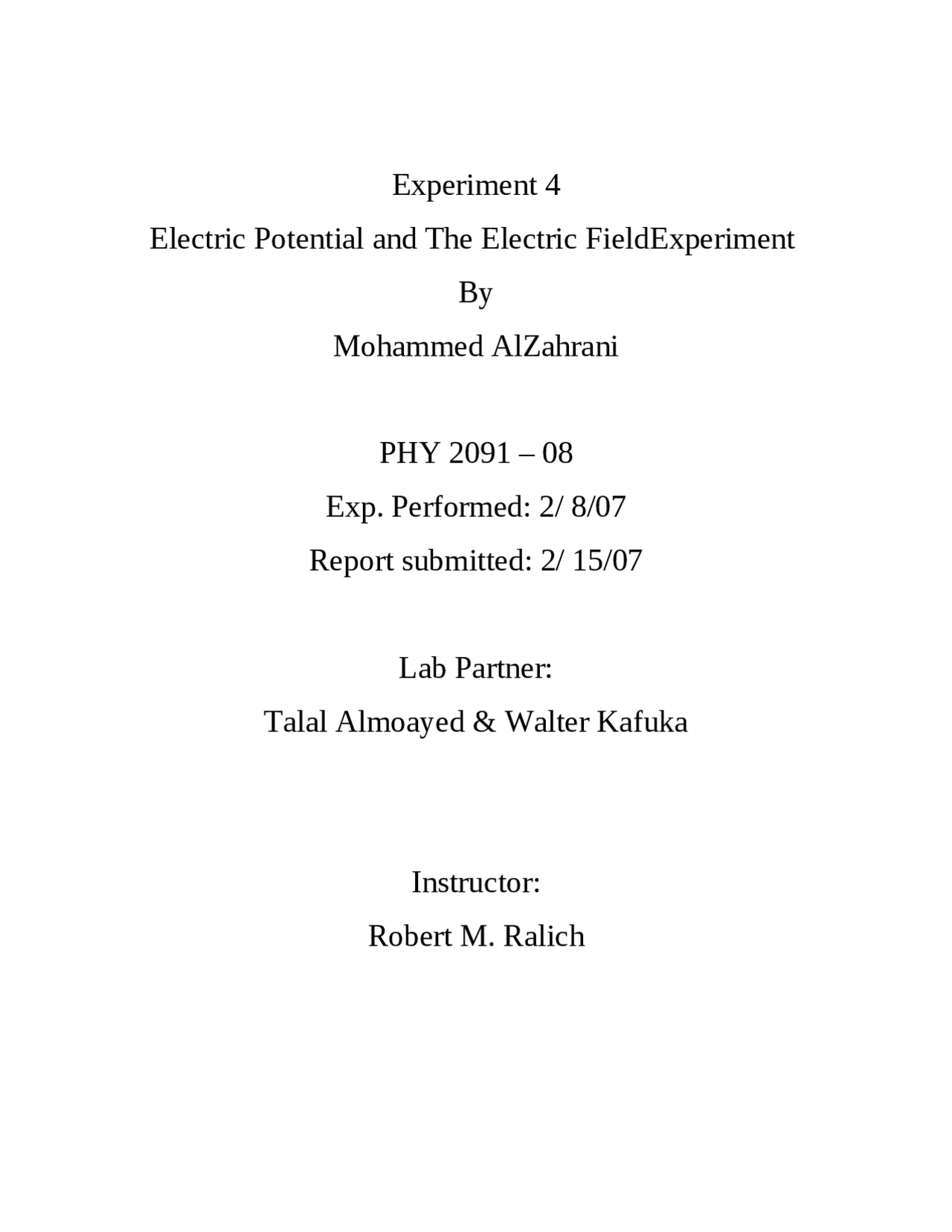 Electric Potential and The Electric Field - Experiment 4 | PHY 2091 - Docsity