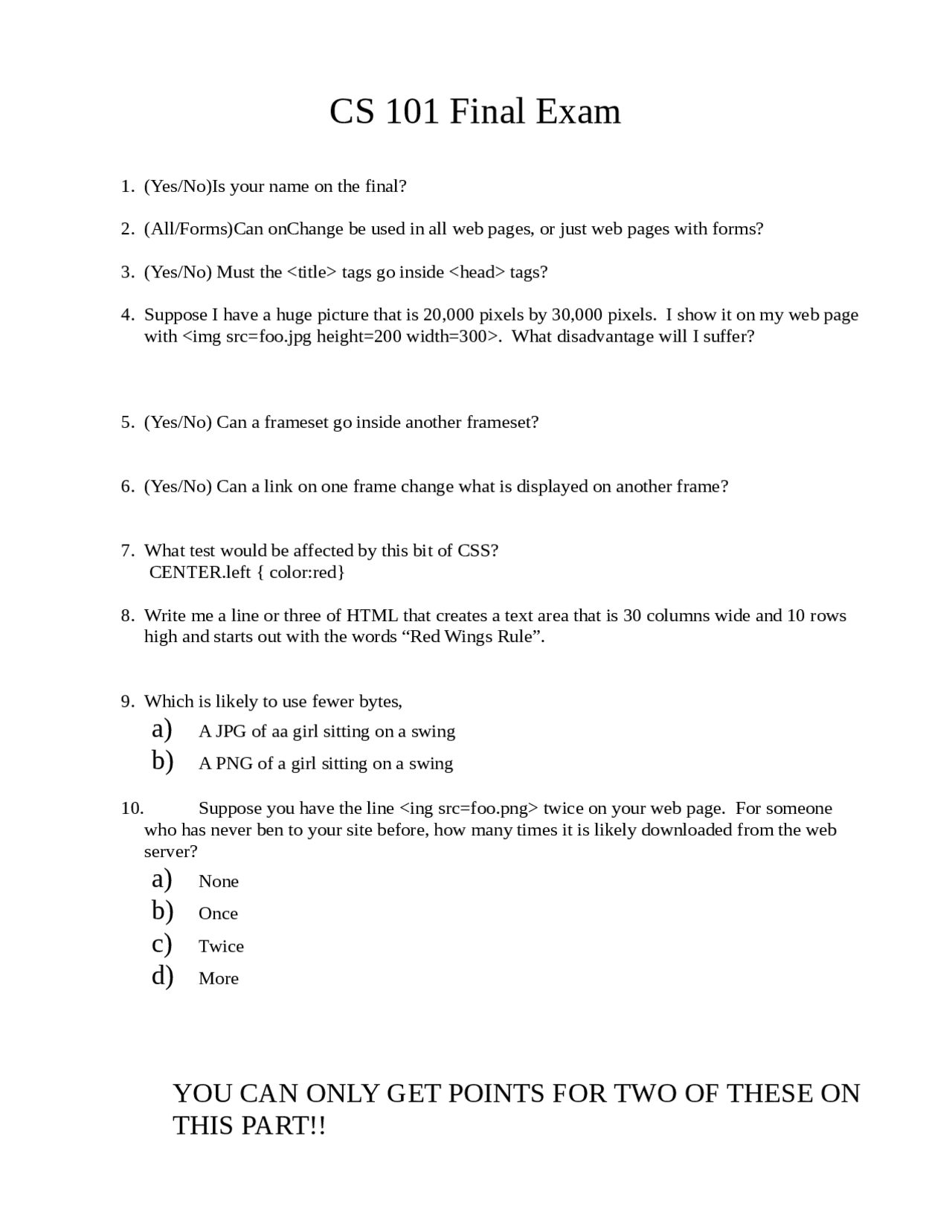 Final Exam Unsolved Questions Web Site Construction Cs 101 Docsity