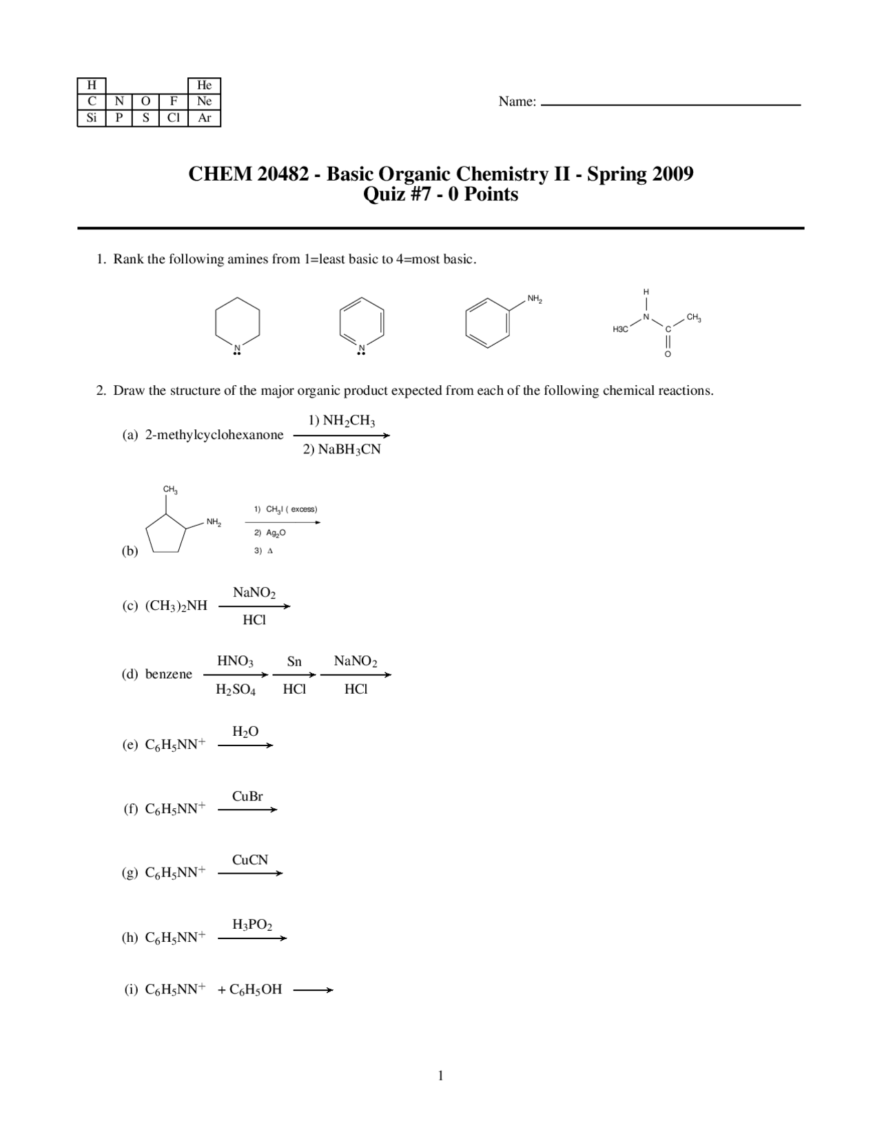 Quiz 7 for Basic Organic Chemistry II | CHEM 20482 - Docsity