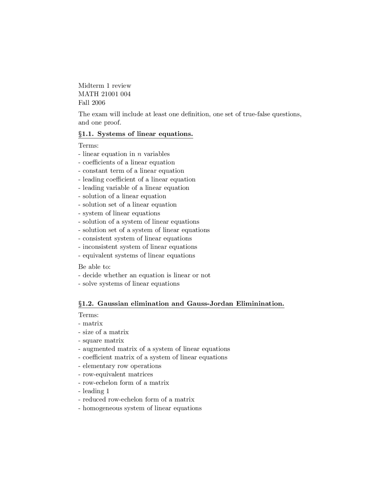 System Of Linear Equations Midterm 1 Review Math 21001 Docsity