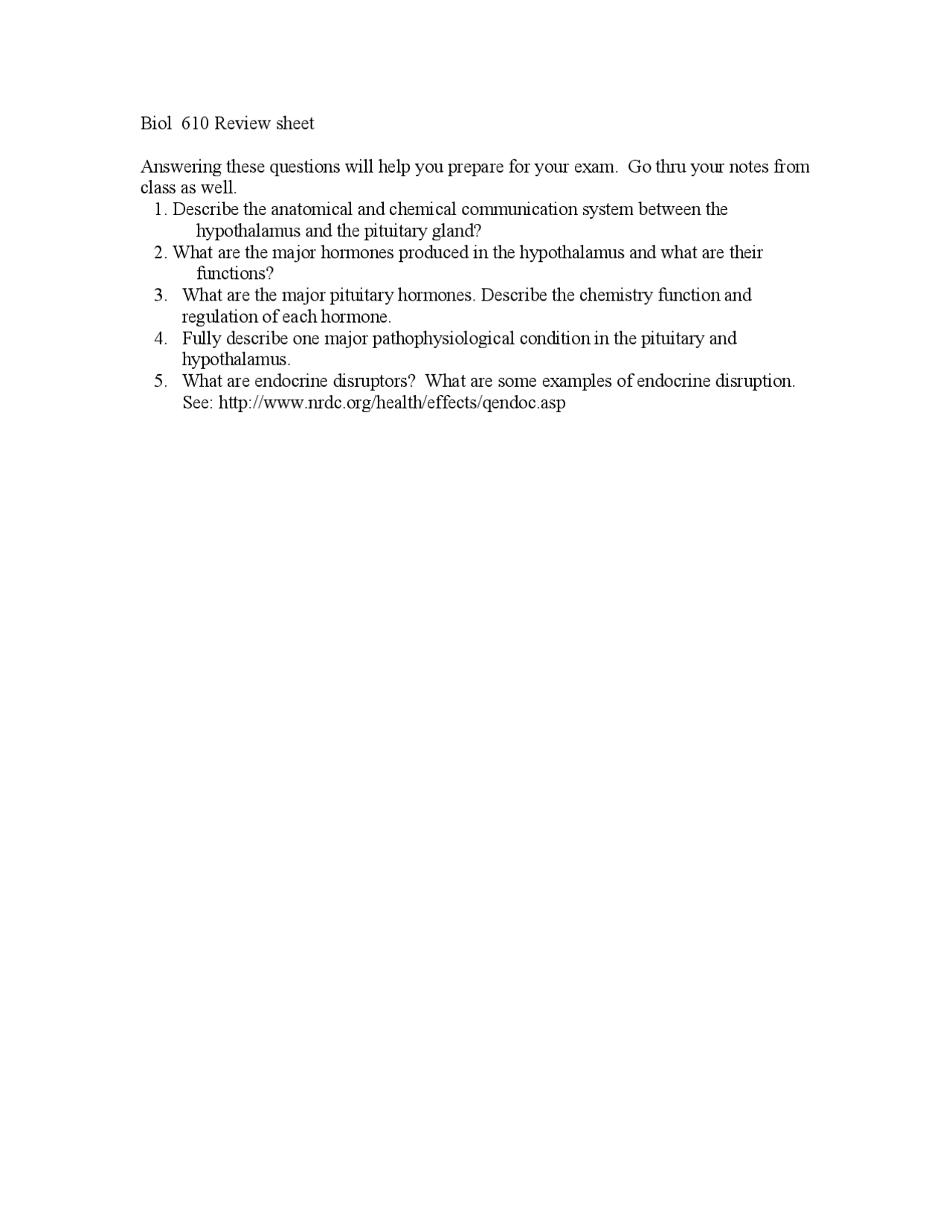 5 Questions On Endocrinology Review Sheet Biol 610 Docsity