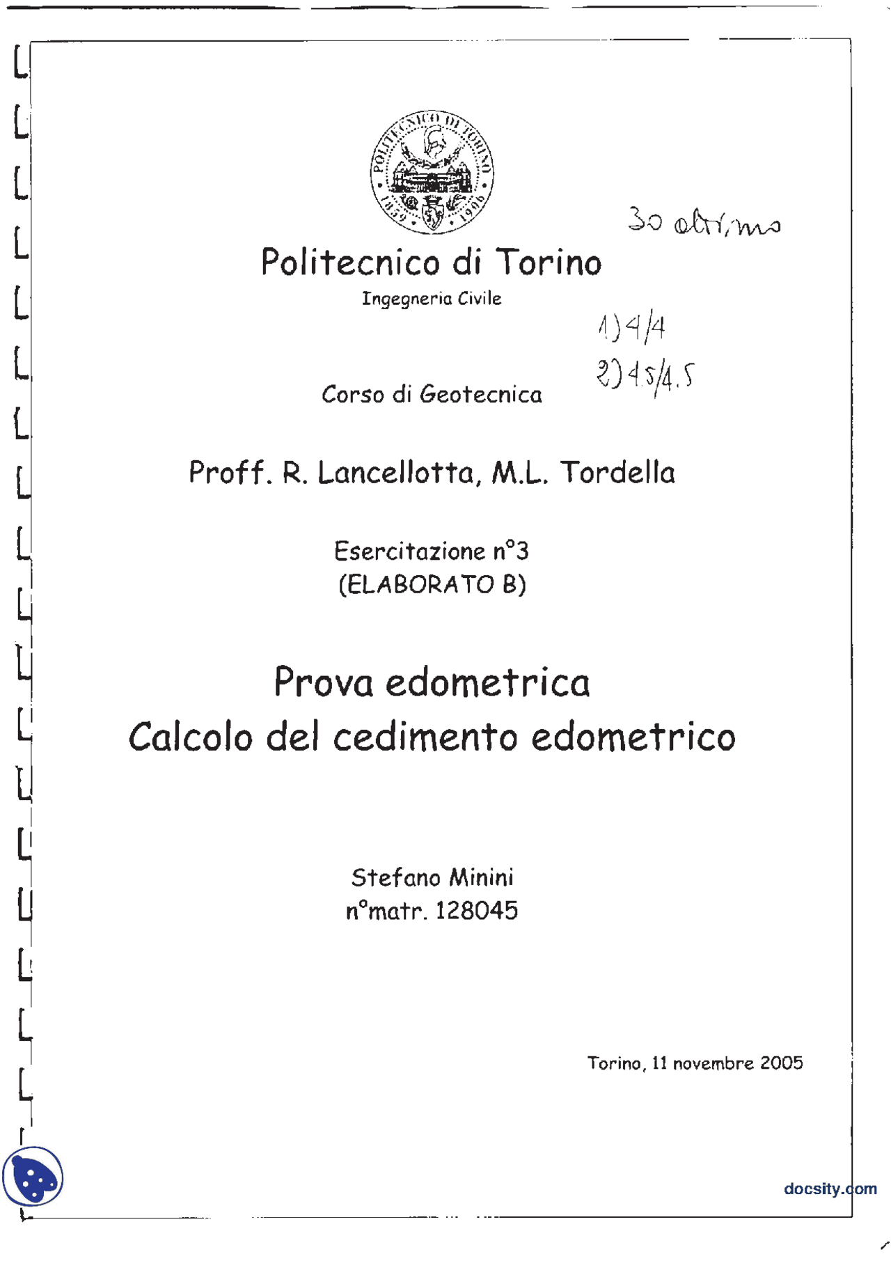 Prova Edometrica E Calcolo Del Cedimento Edometrico Esercizi Di