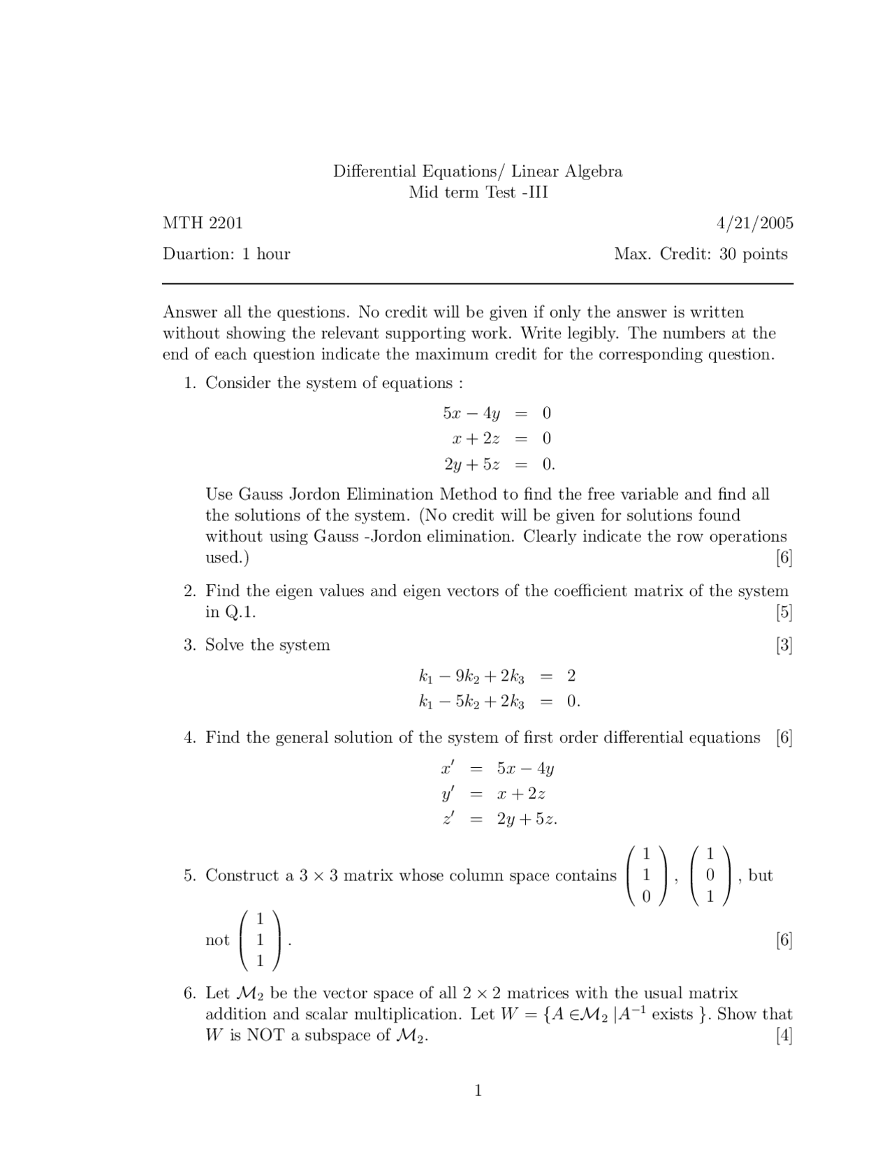 Midterm Test Iii Linear Algebra Mth 2201 Docsity