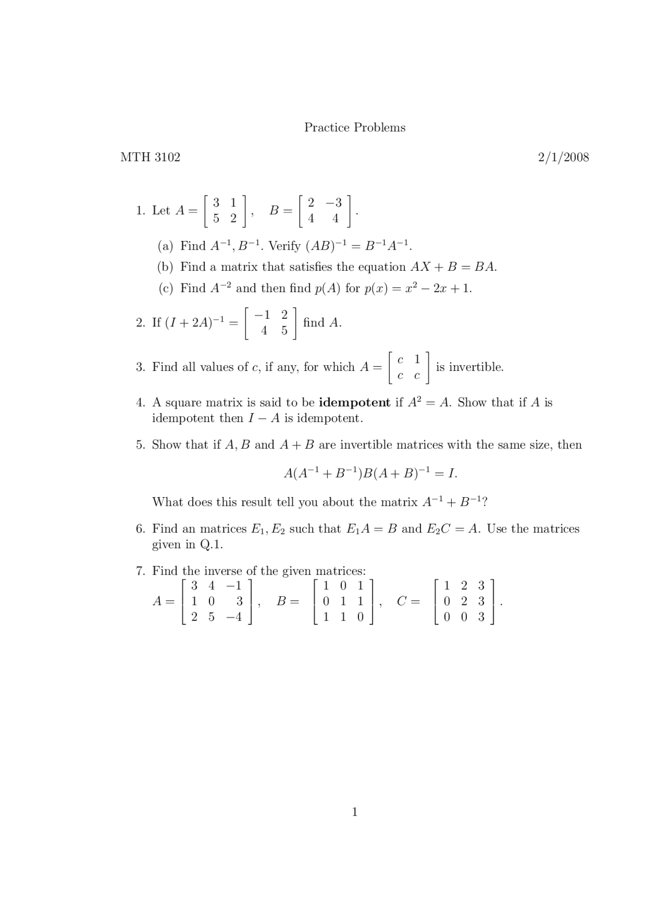 Introduction To Linear Algebra Practice Problems Fall 2008 Mth