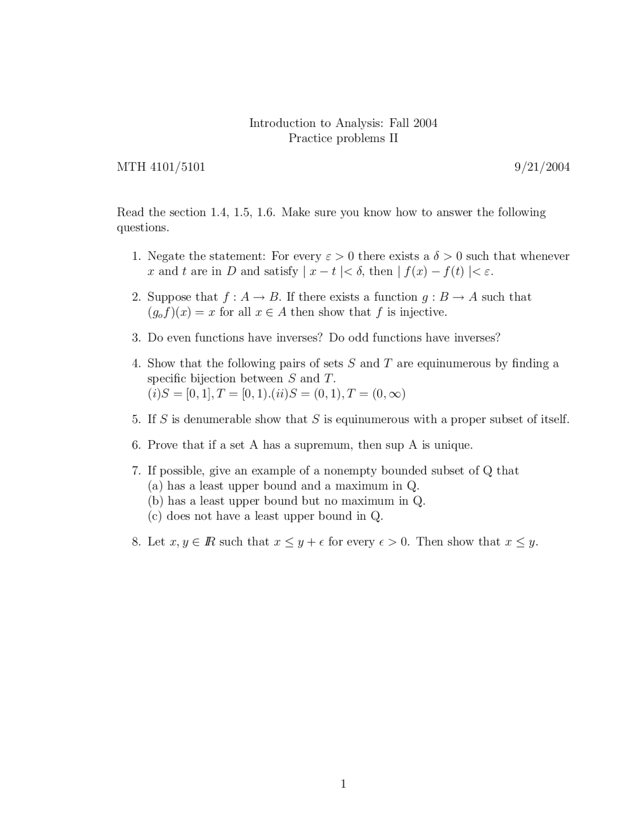 Fall 2004 MTH 4101/5101: Analysis Practice Problems II | Assignments Mathematics | Docsity