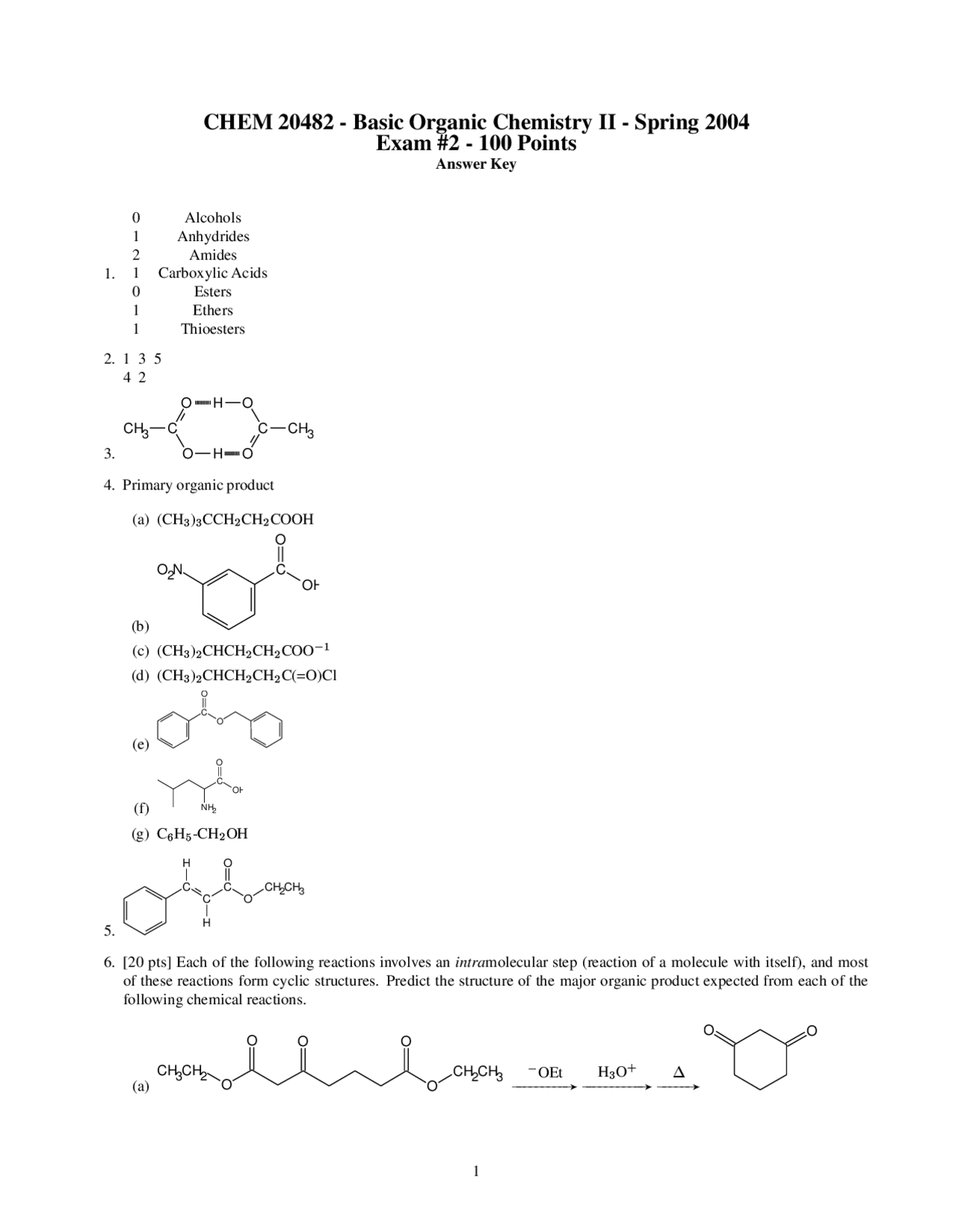 Exam 2 With Answer Key Basic Organic Chemistry Ii Spring 2004