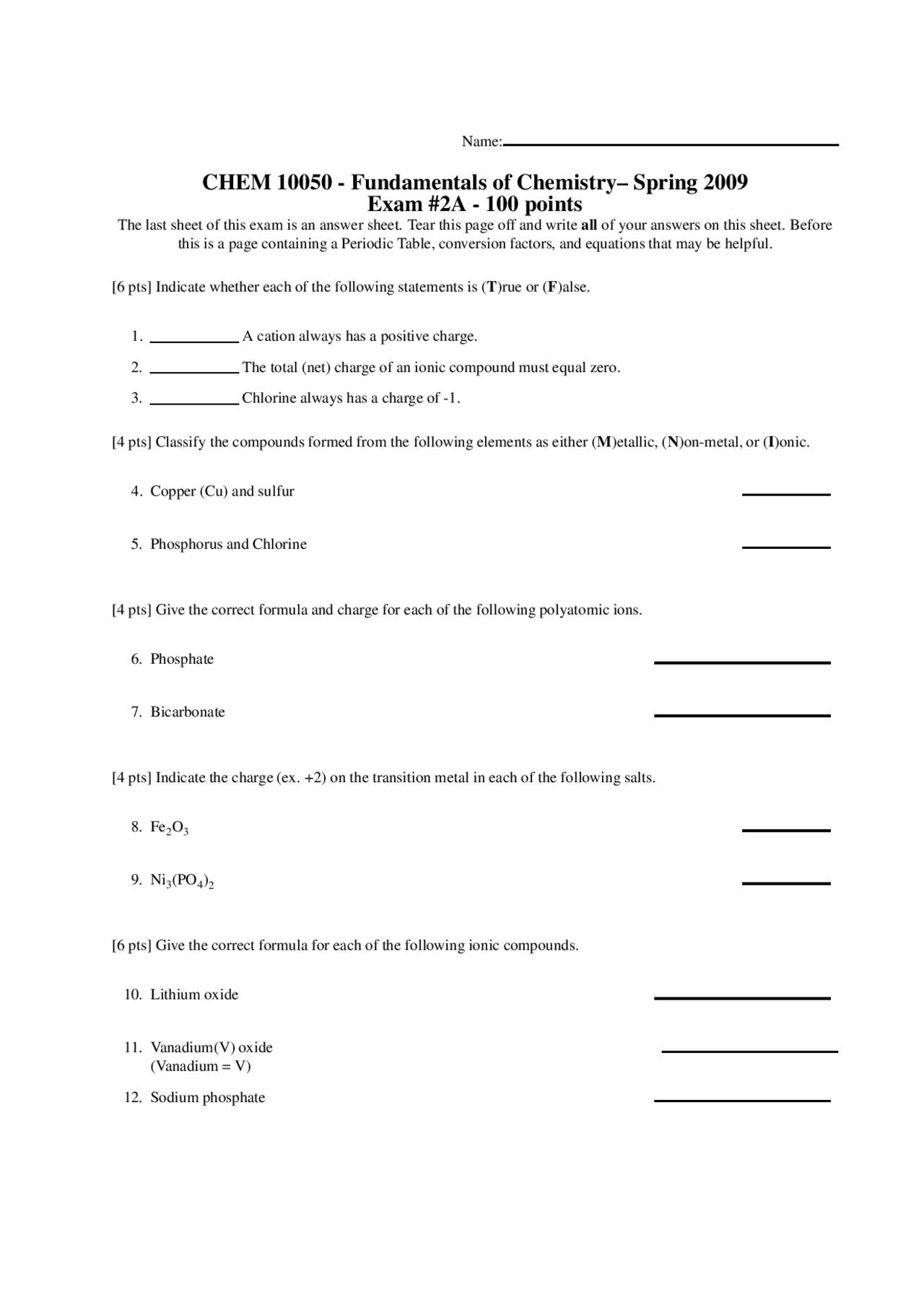 Exam 2 Questions Fundamentals Of Chemistry Chem 10050 Docsity