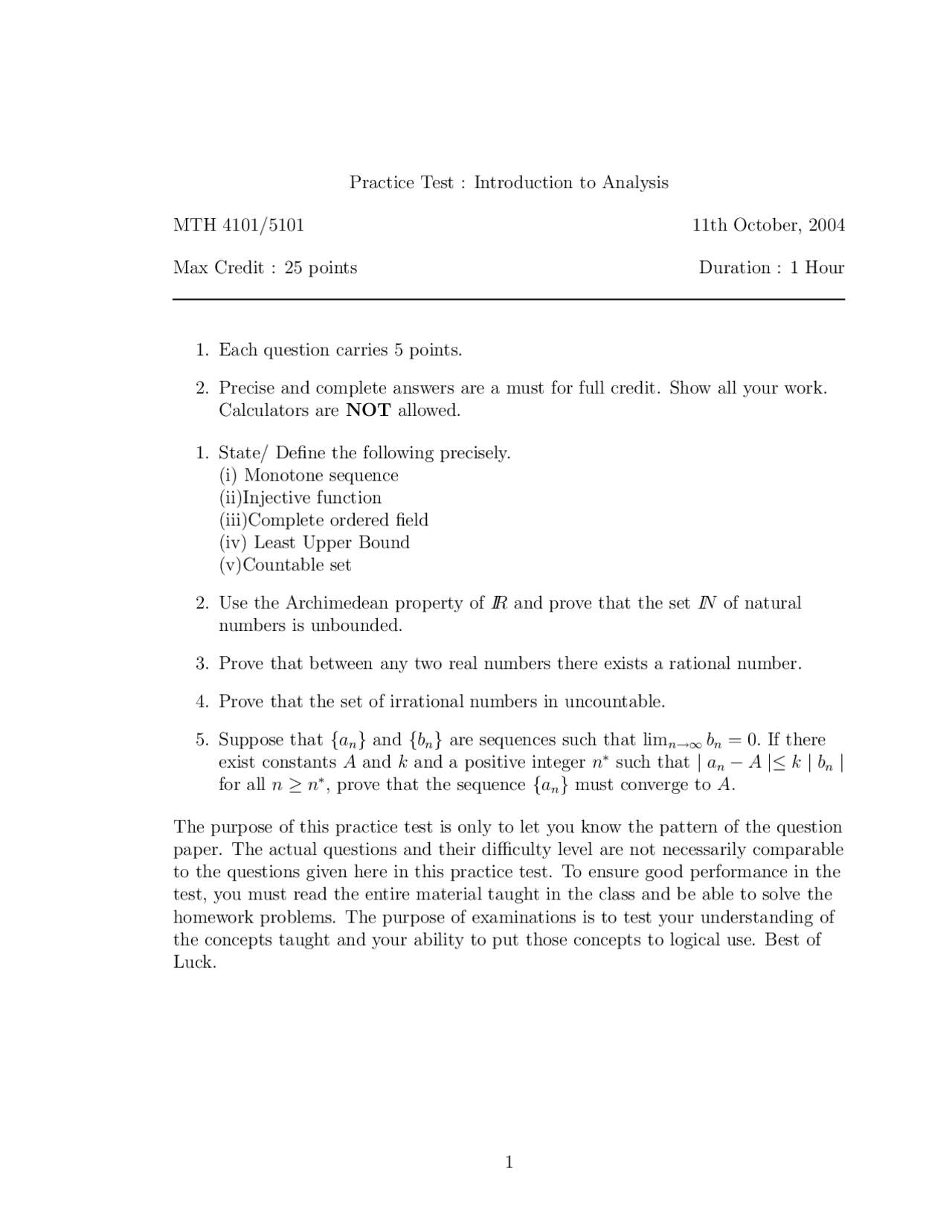 Practice Test For Introduction Analysis Mth 4101 Docsity
